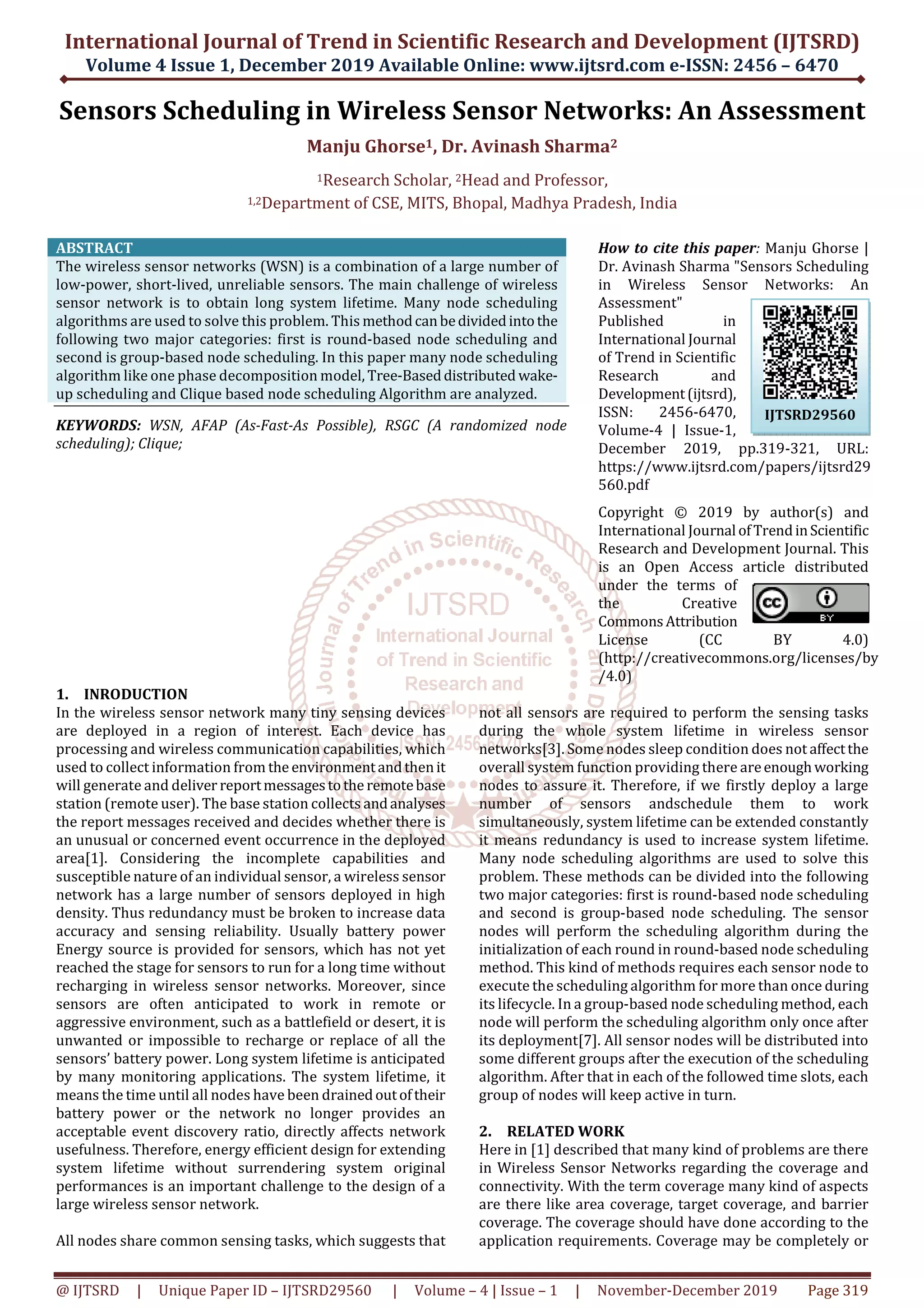 Sensors Scheduling In Wireless Sensor Networks An Assessment Pdf 3846