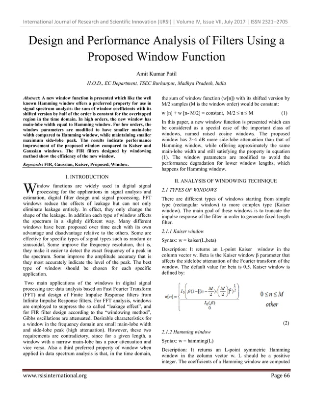 Design and Performance Analysis of Filters Using a Proposed Window ...