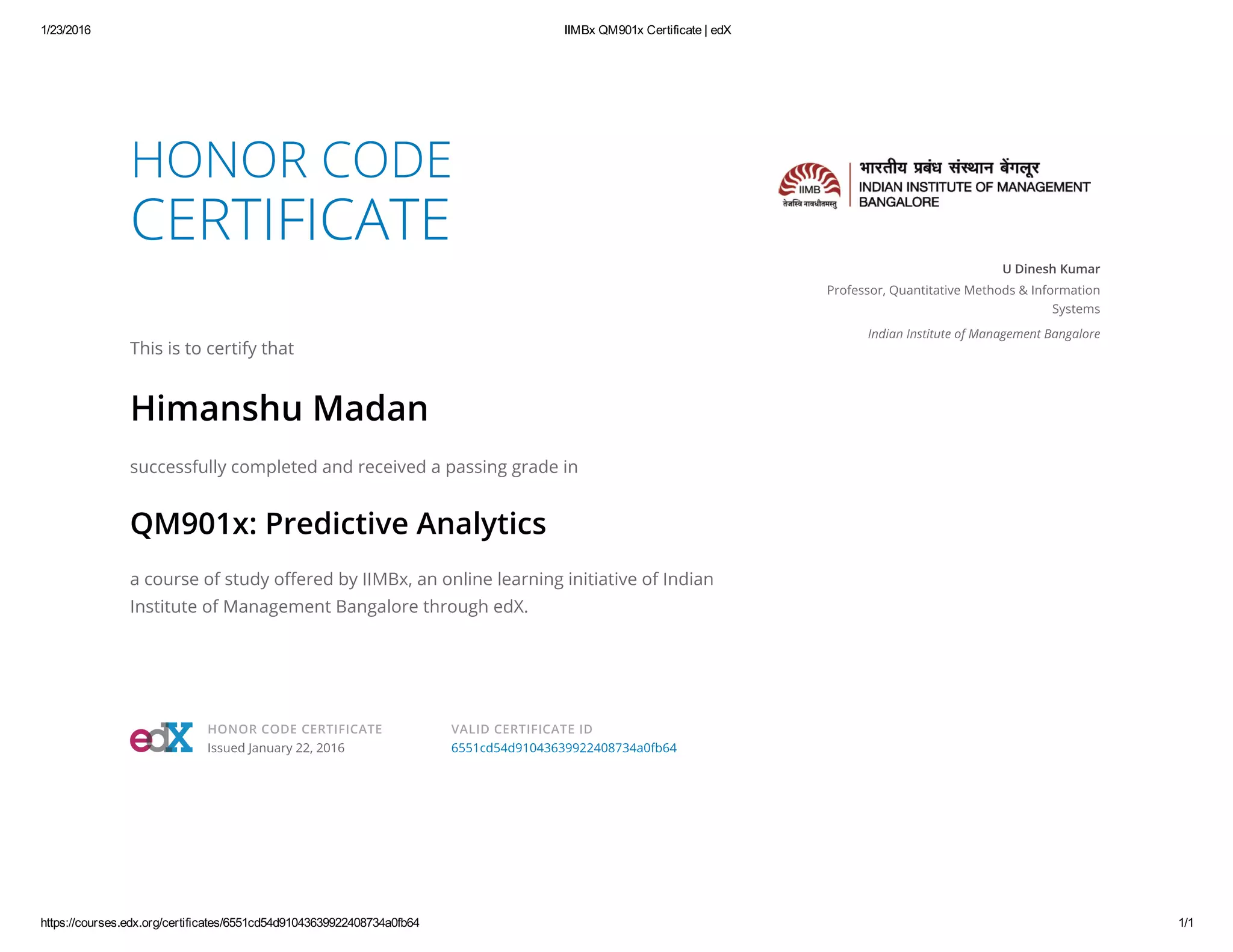 IIMBx QM901x Certificate _ edX | PDF