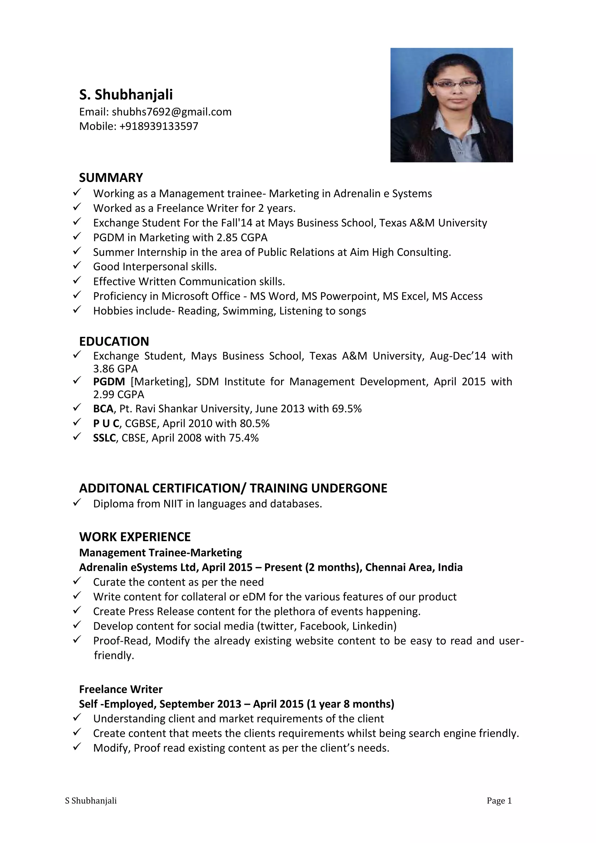 Shubhanjali_Resume | PDF