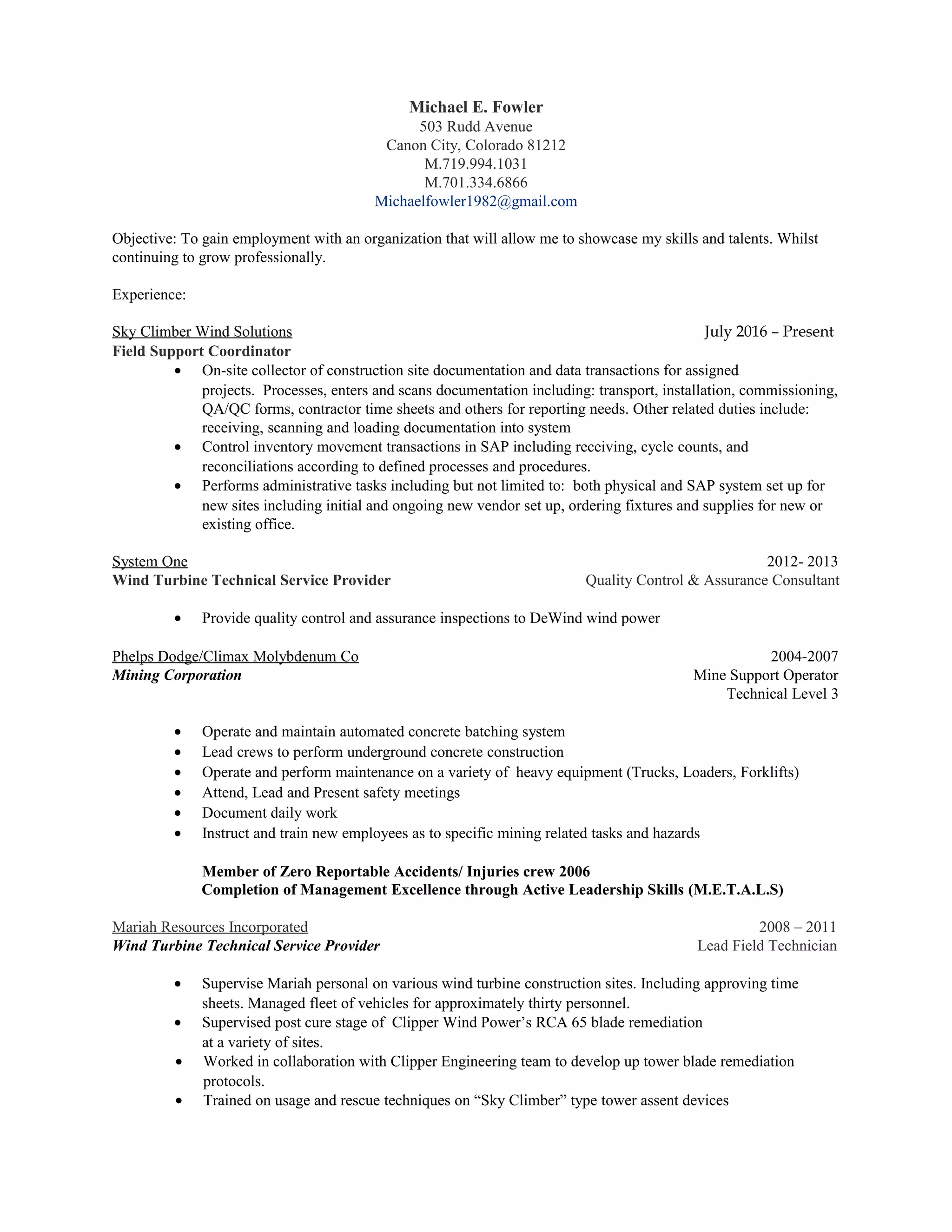 Fowler Michael Resume | PDF