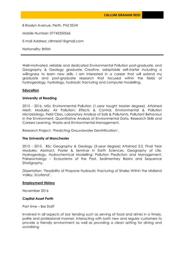 Callum Graham Reid - CV (1) | PDF