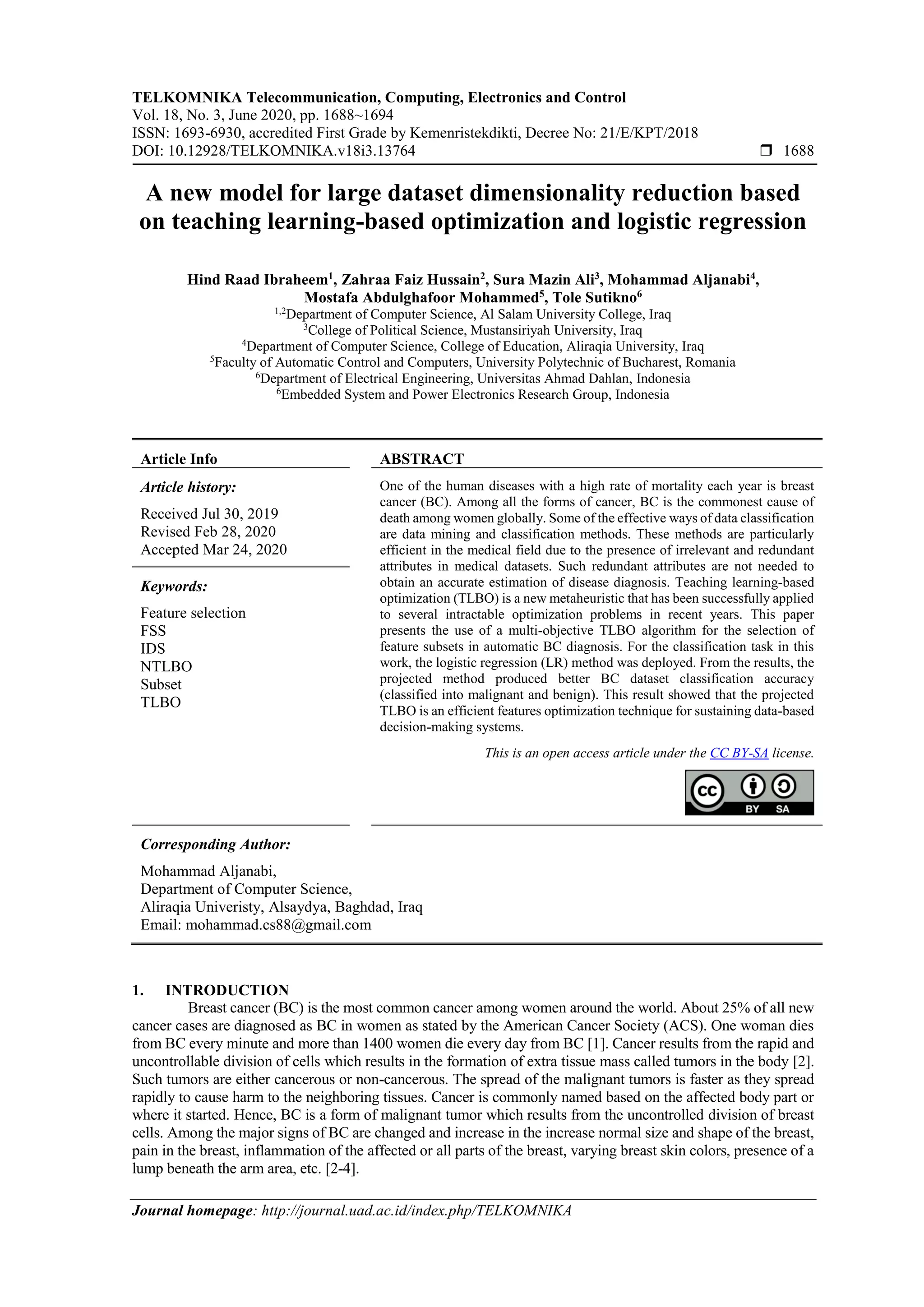 A New Model For Large Dataset Dimensionality Reduction Based On Teaching Learning Based