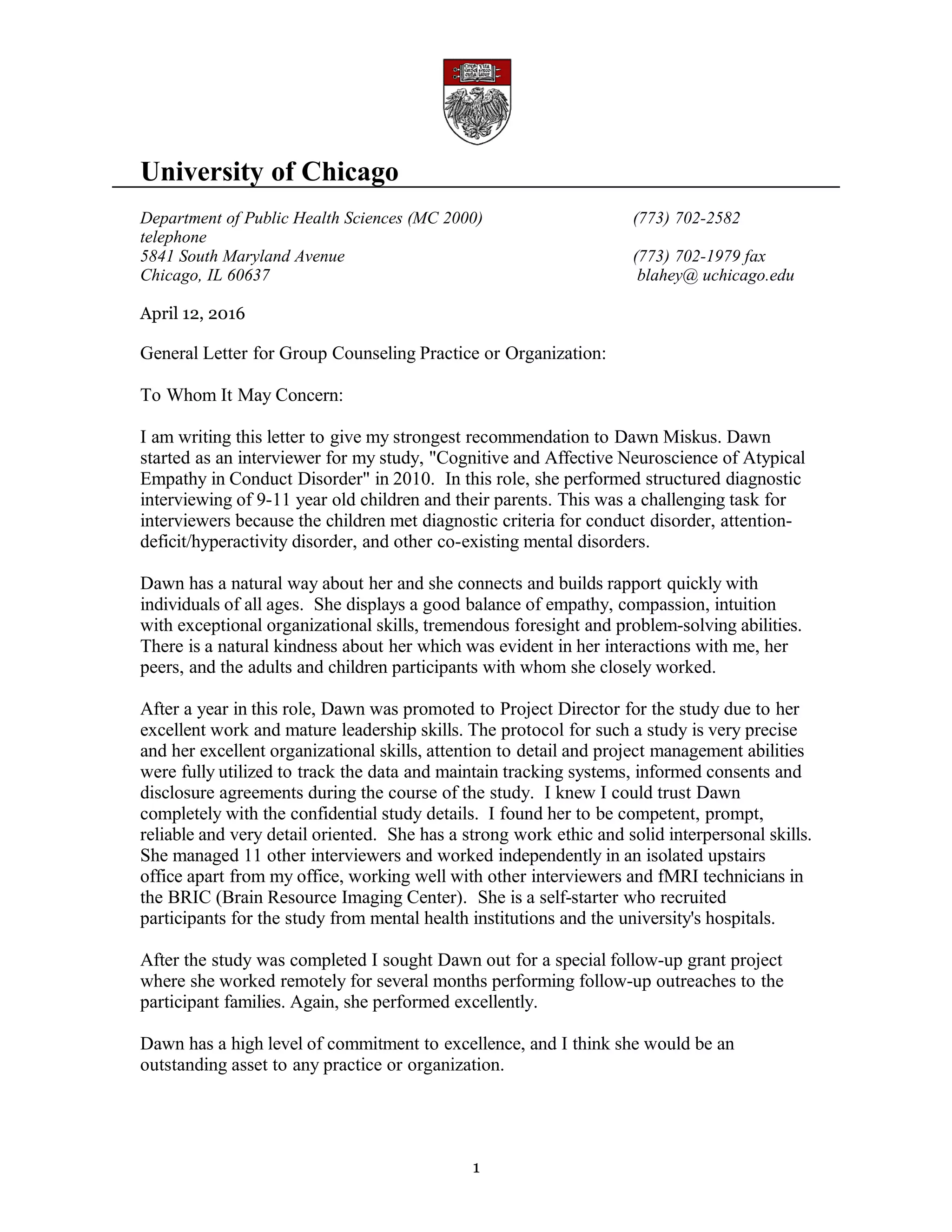 Dr. Benjamin Lahey Recommendation, University of Chicago | DOC