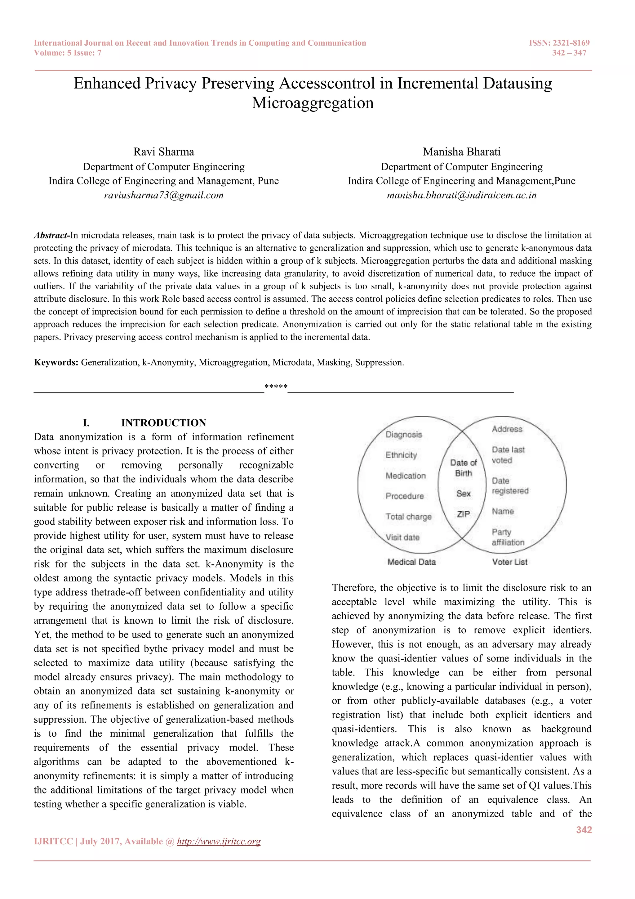Enhanced Privacy Preserving Accesscontrol in Incremental Datausing Microaggregation | PDF