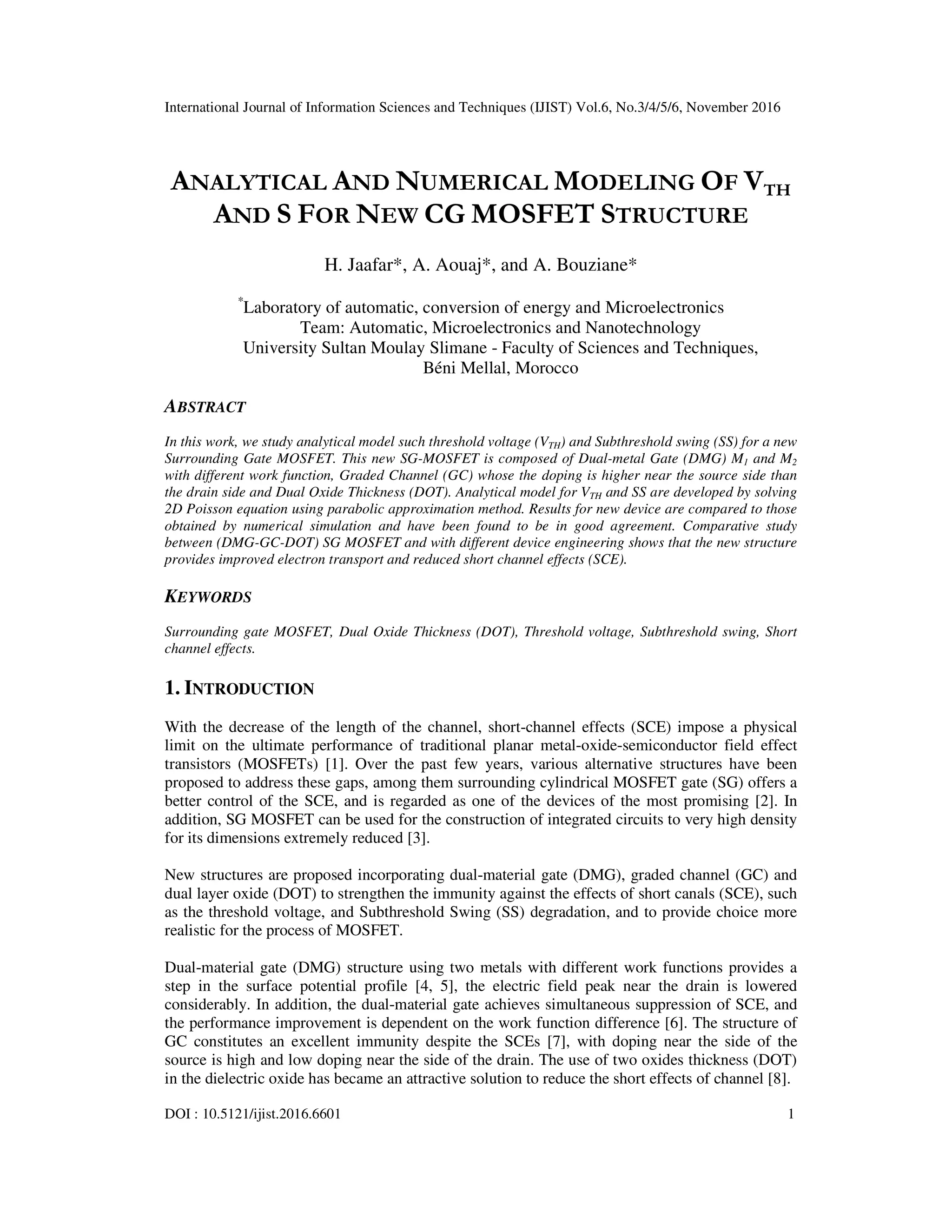 ANALYTICAL AND NUMERICAL MODELING OF VTH AND S FOR NEW CG MOSFET STRUCTURE | PDF
