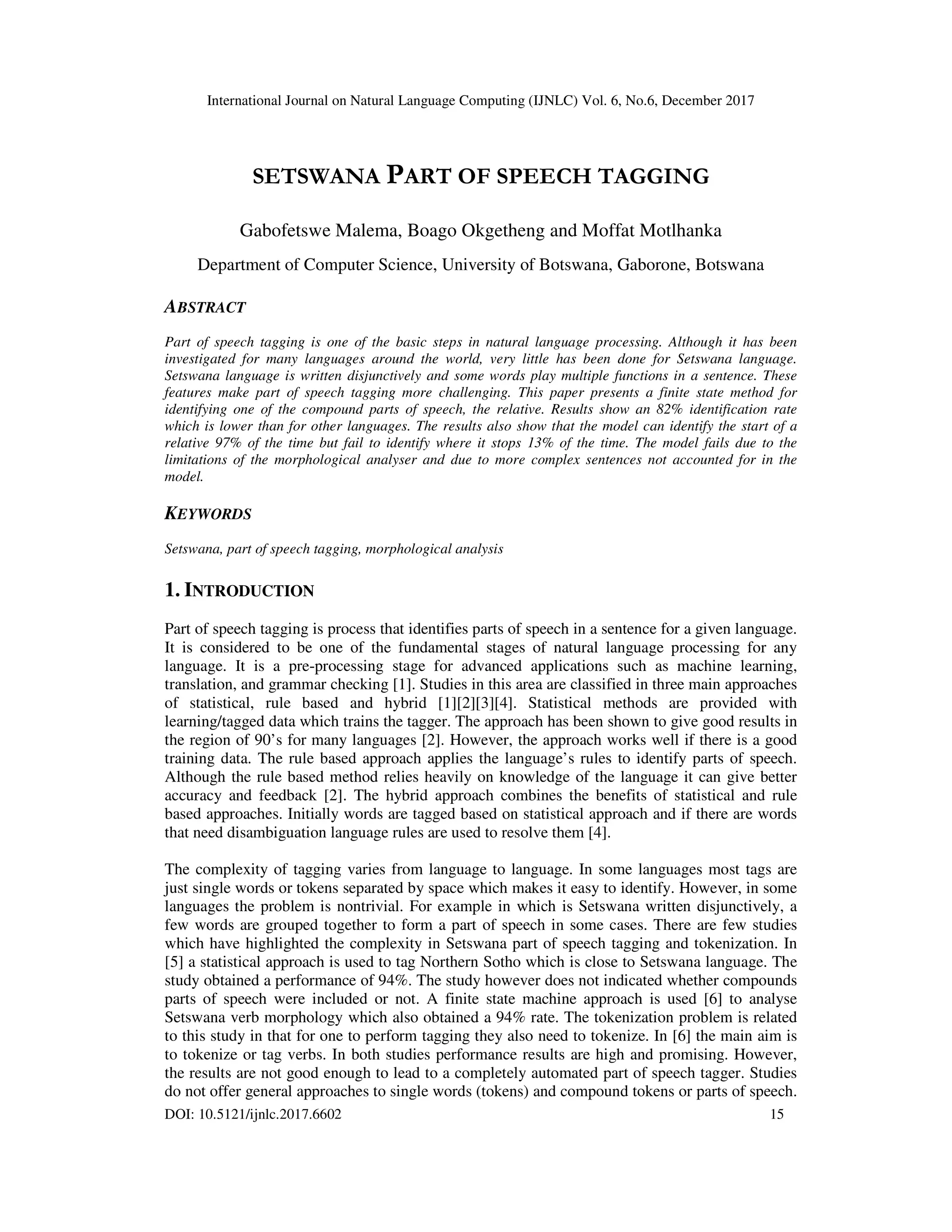 SETSWANA PART OF SPEECH TAGGING | PDF | Technology & Computing