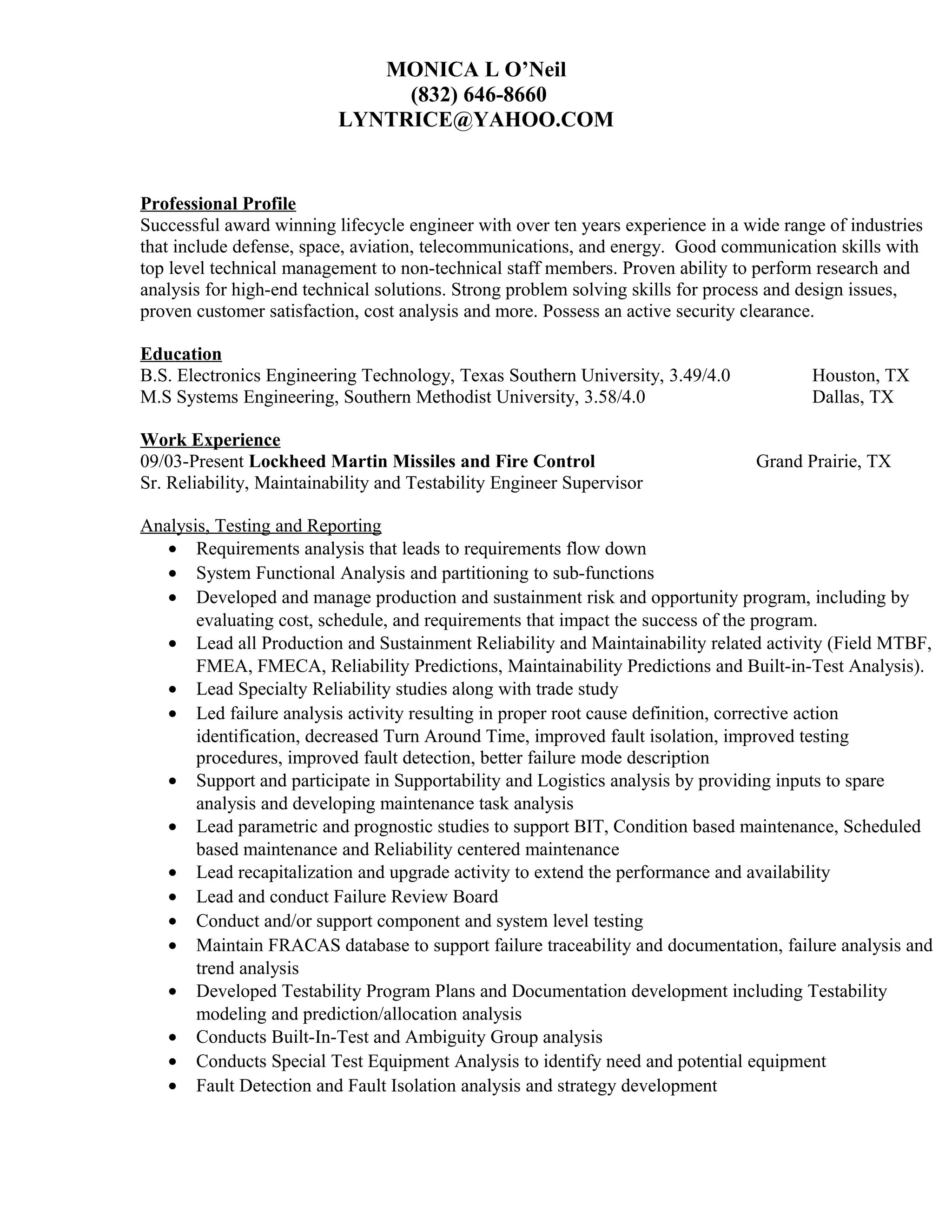 O'Neil Technical Resume | DOC
