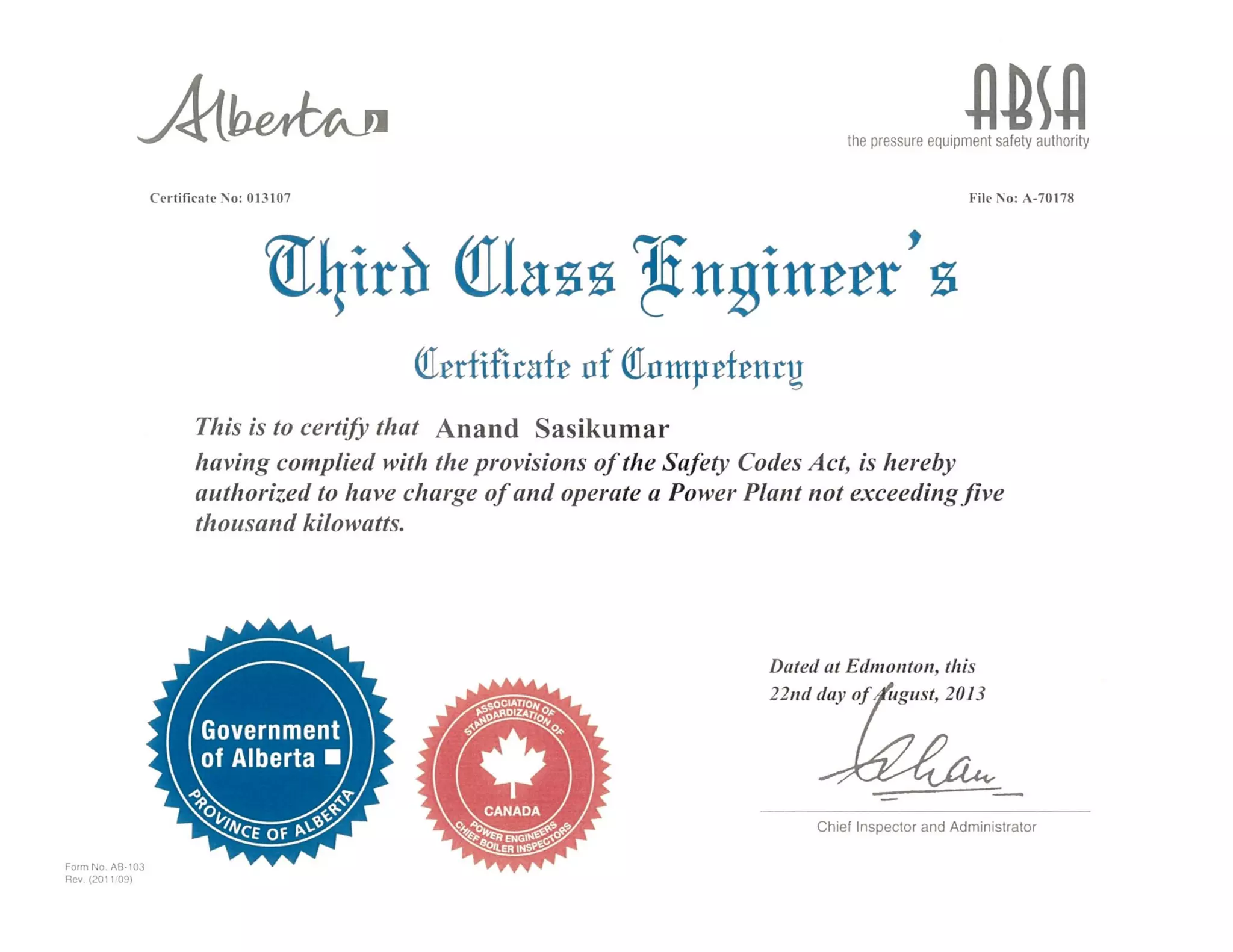 Anand-3rd class ABSA Certification | PDF