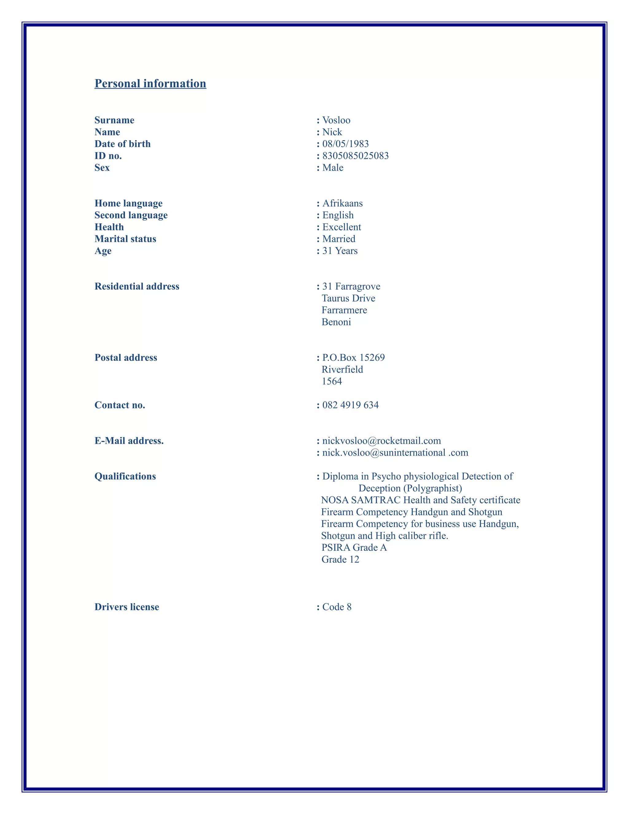 CV Nick Vosloo 2015 | PDF