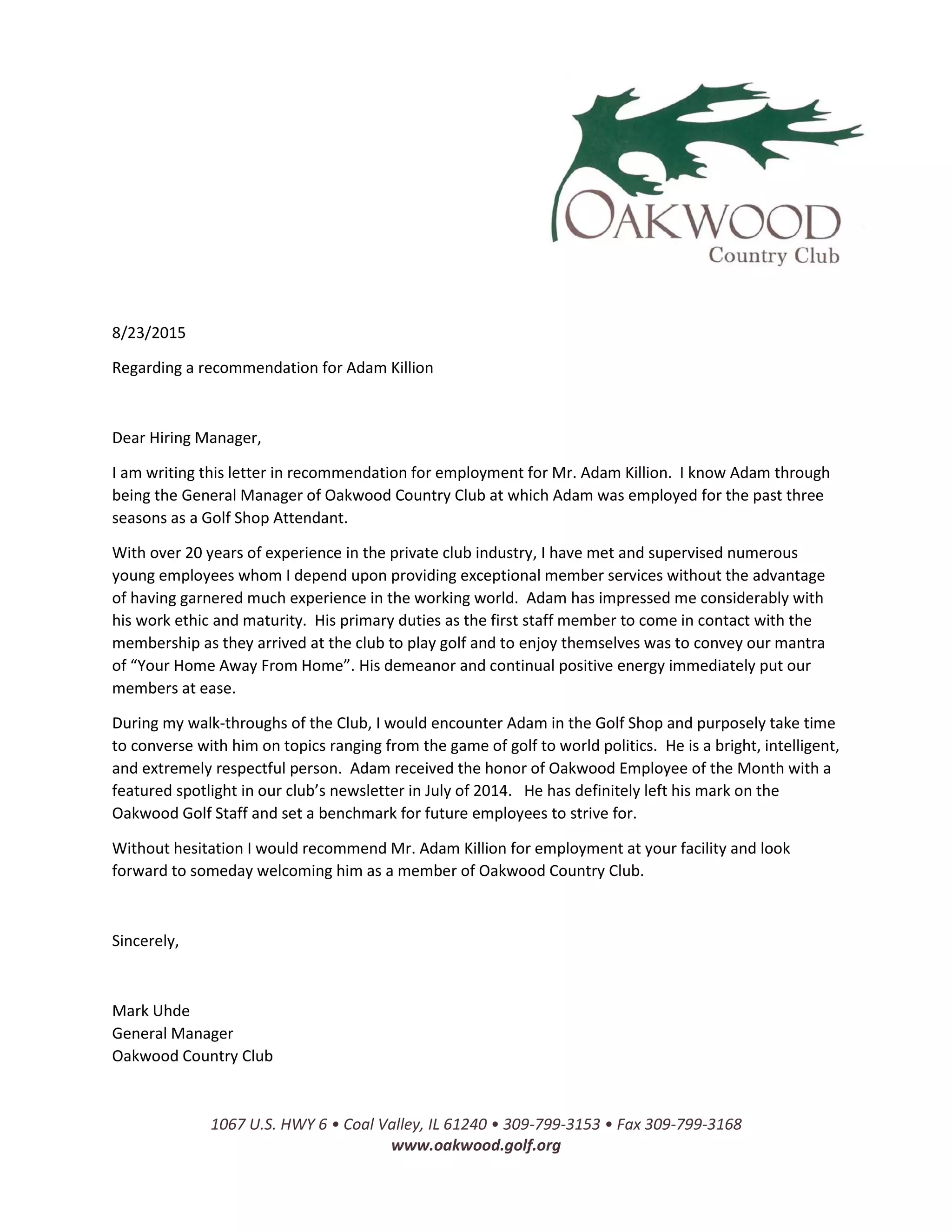 OakwoodCCReferenceLetter | PDF