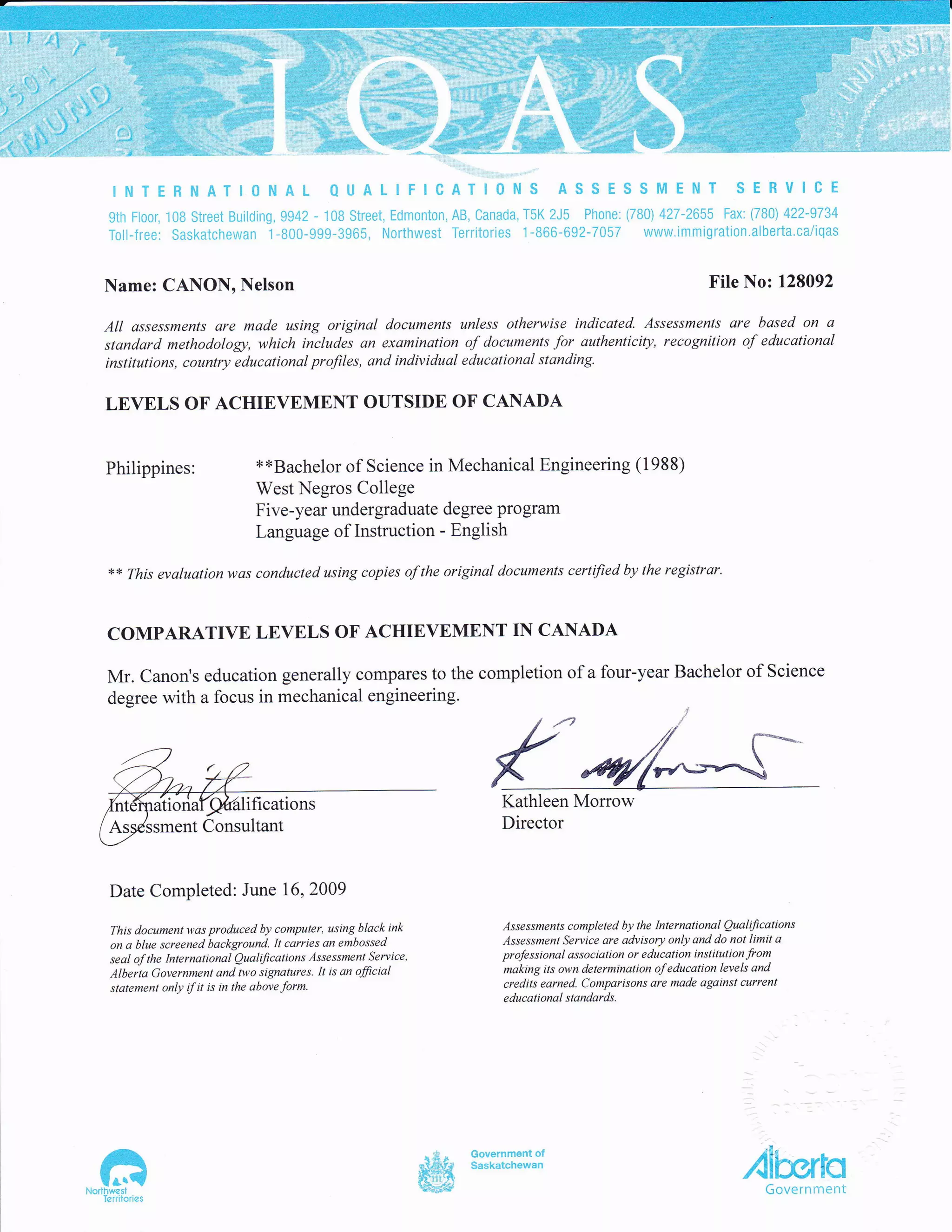 NELSON CANON IQAS CERTIFICATE | PDF