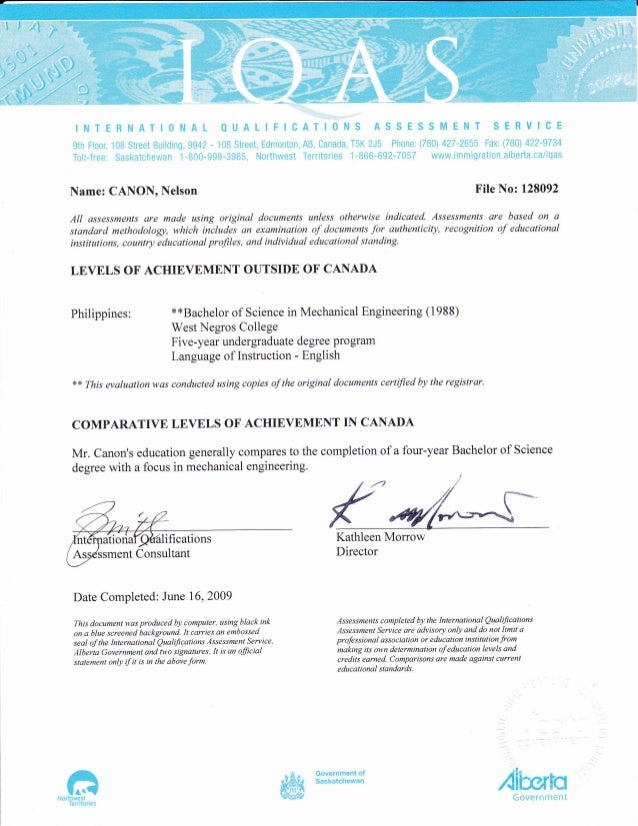 NELSON CANON IQAS CERTIFICATE