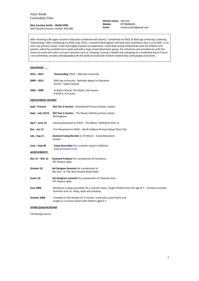 Alice Smith Curriculum Vitae | PDF