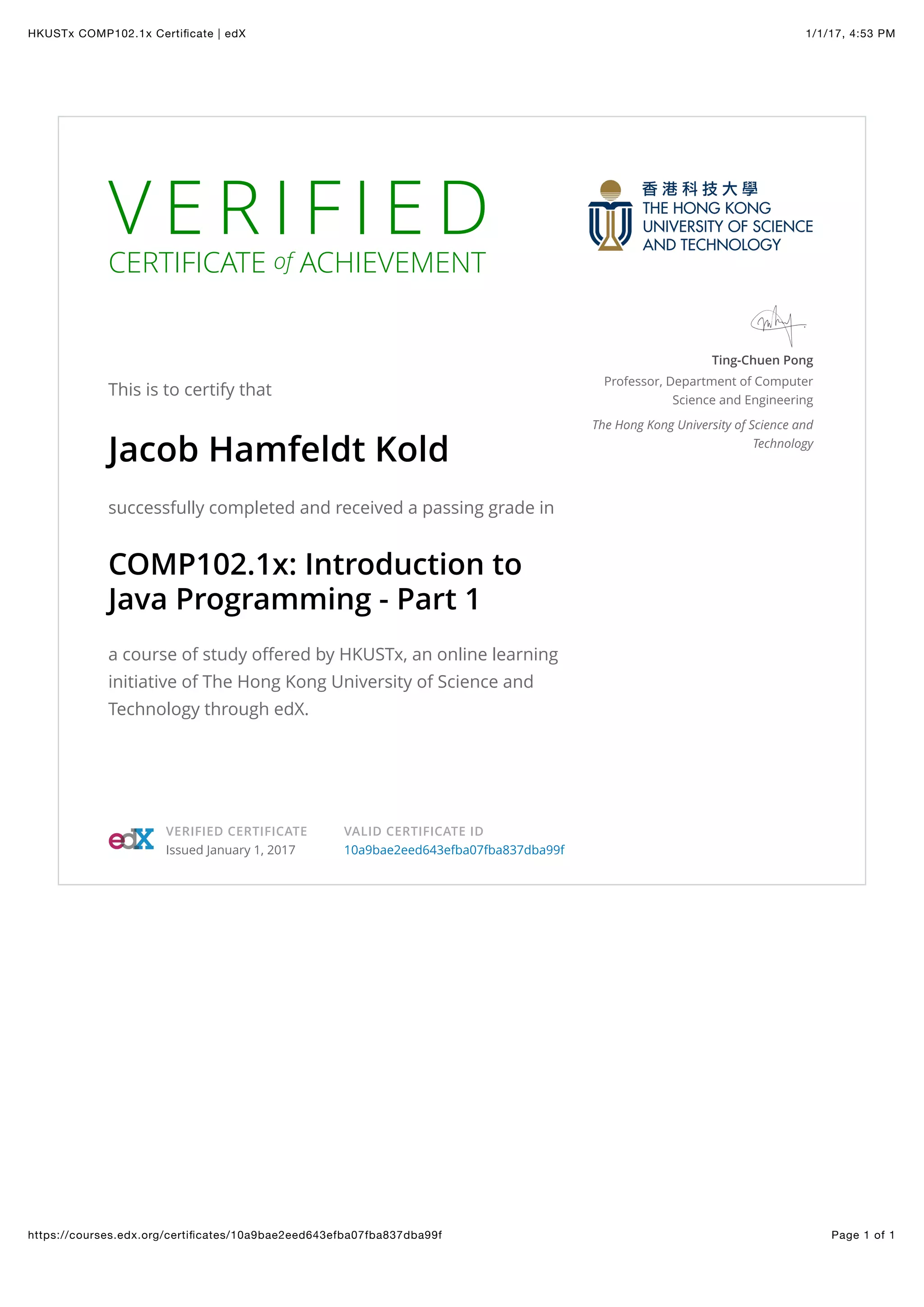 HKUSTx COMP102.1x Certificate | edX | PDF