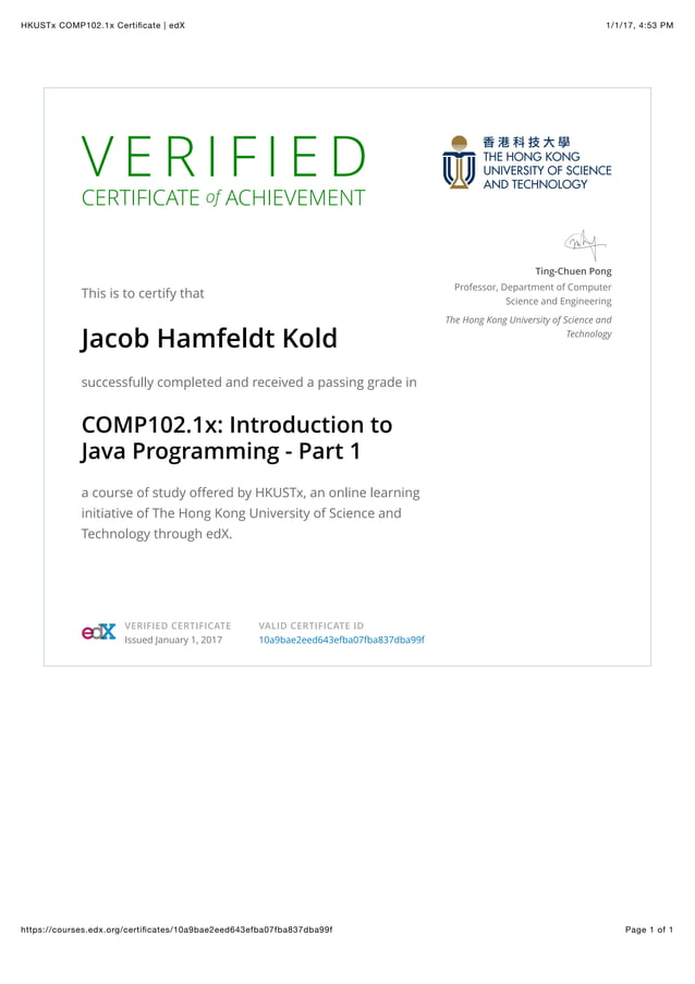 HKUSTx COMP102.1x Certificate | edX | PDF