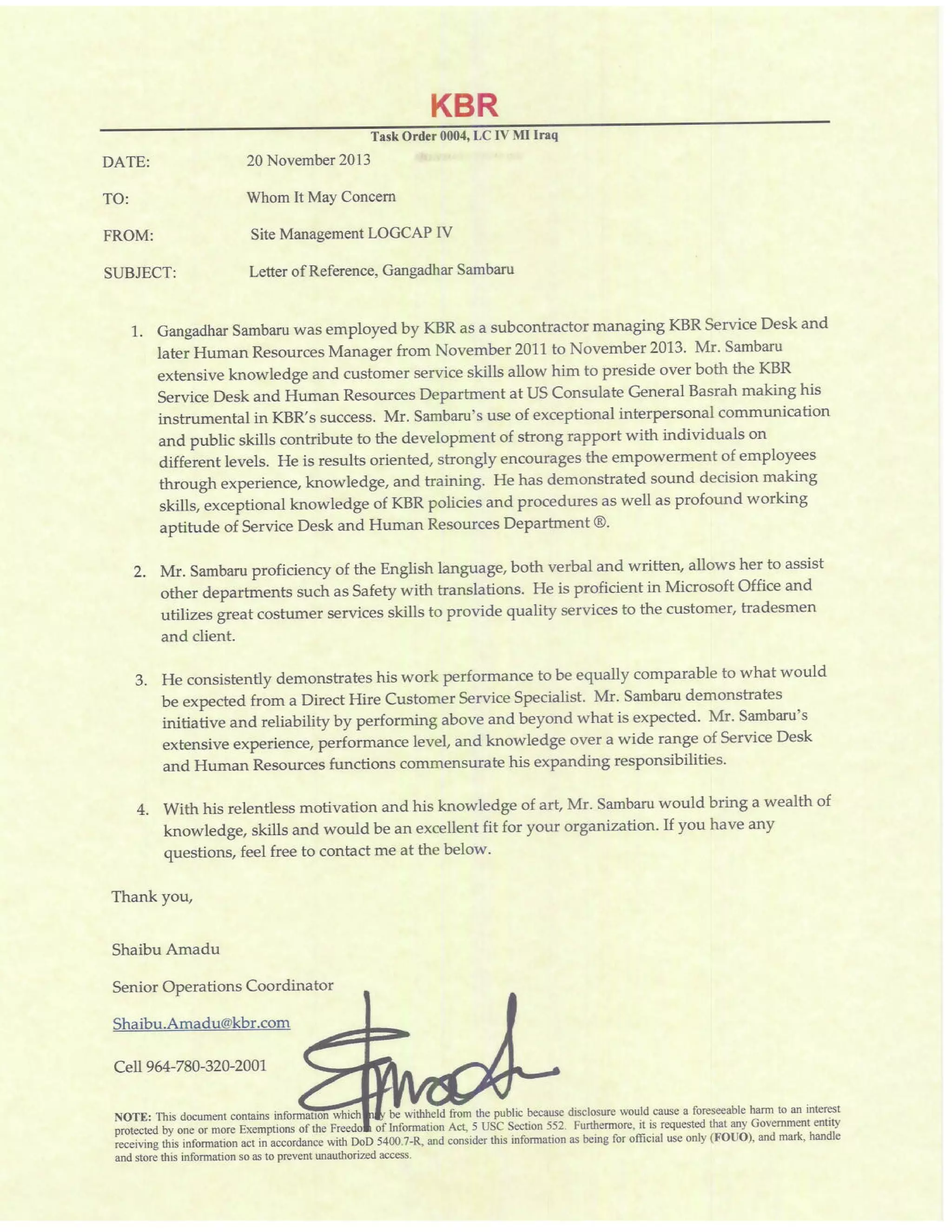HR letter of reference KBR | PDF