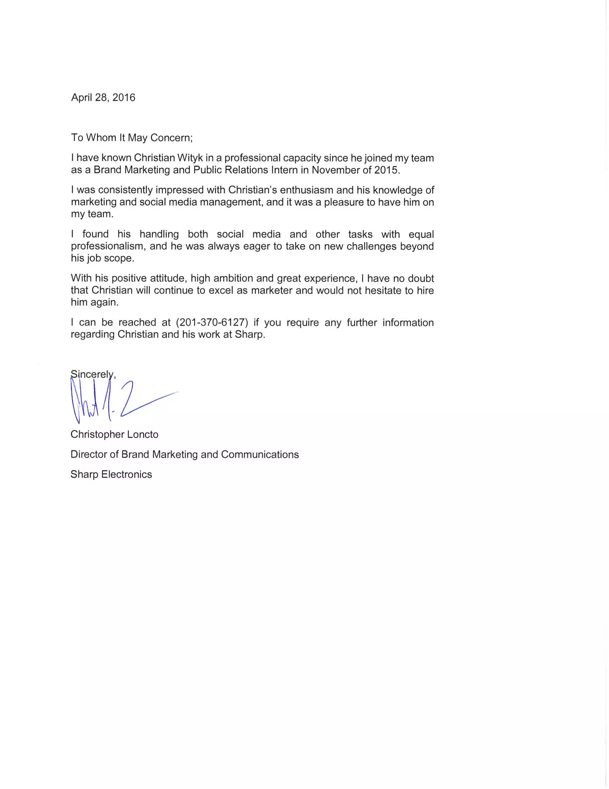 Chris Loncto Letter of Rec | PDF