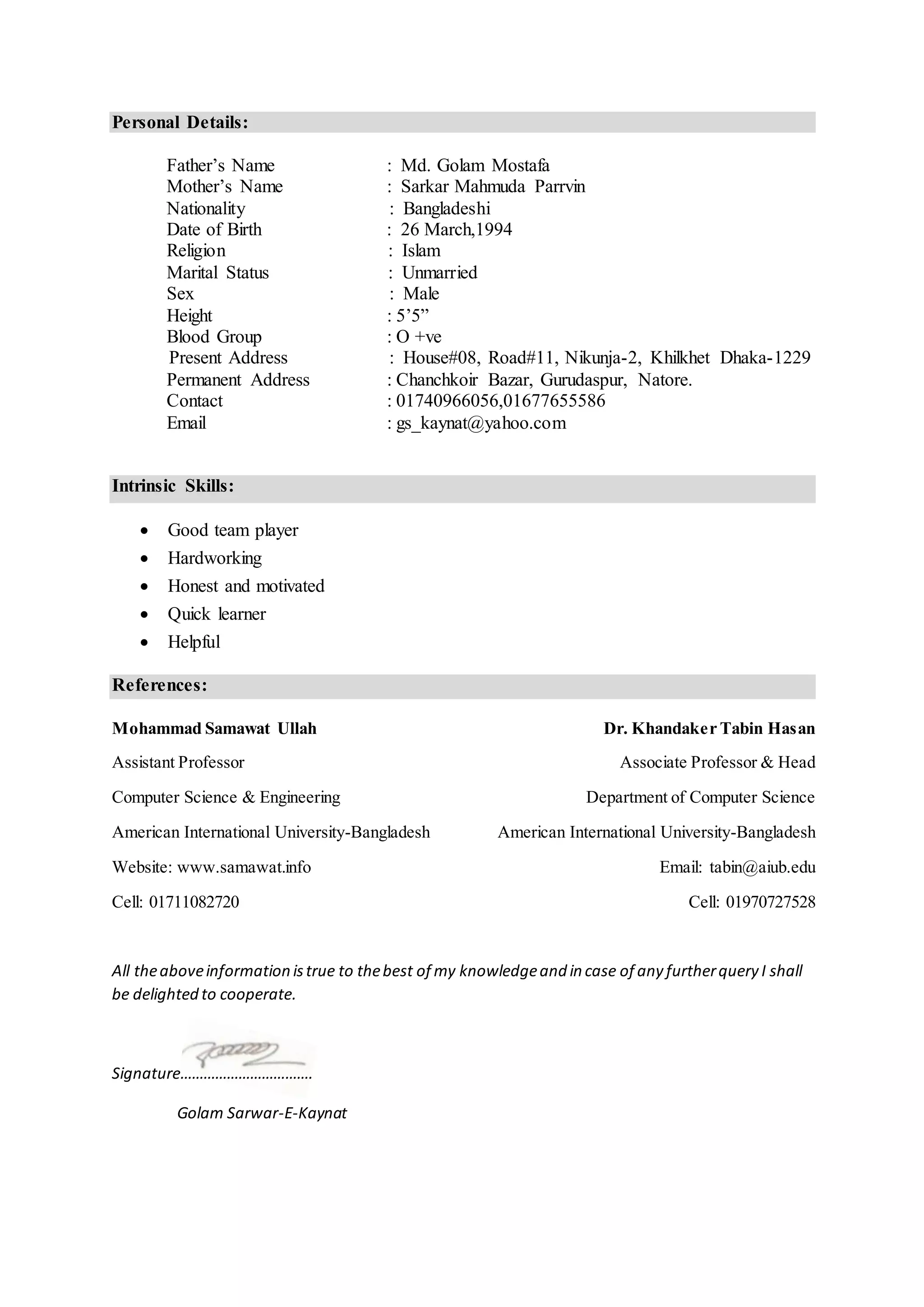 CV of Golam Sarwar-E-Kaynat | DOCX | Programming Languages | Computing