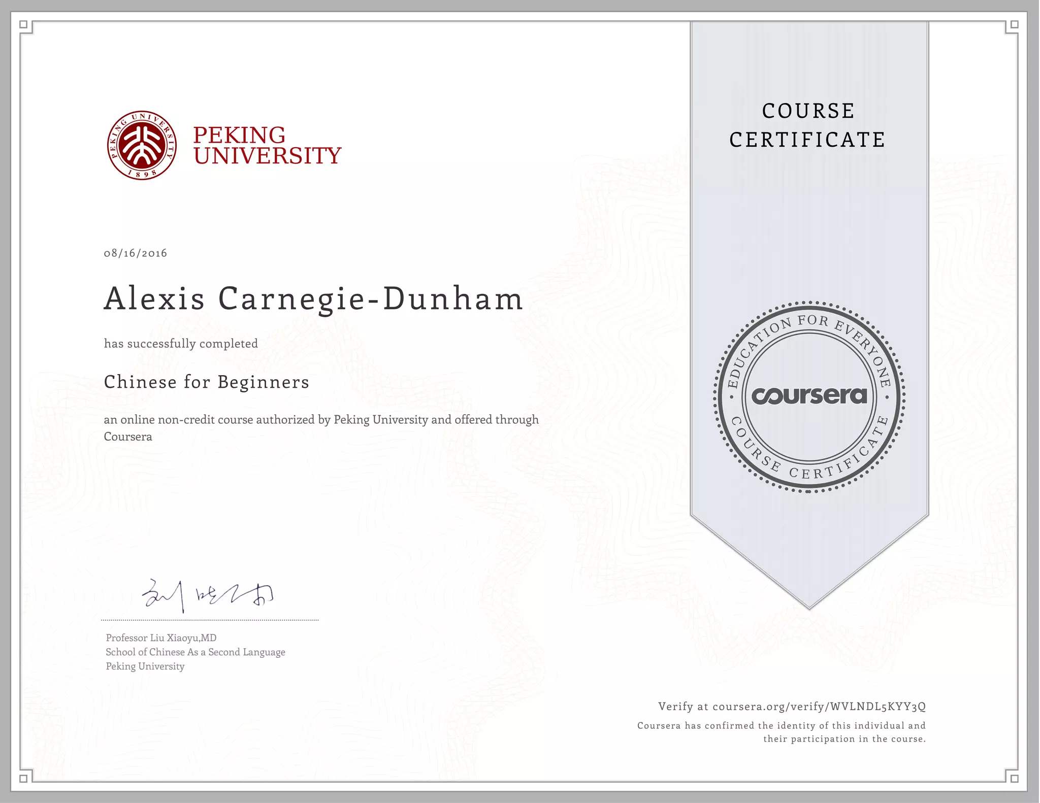 CERTIFICATE_Peking University Beginneing ChineseCoursera WVLNDL5KYY3Q | PPT