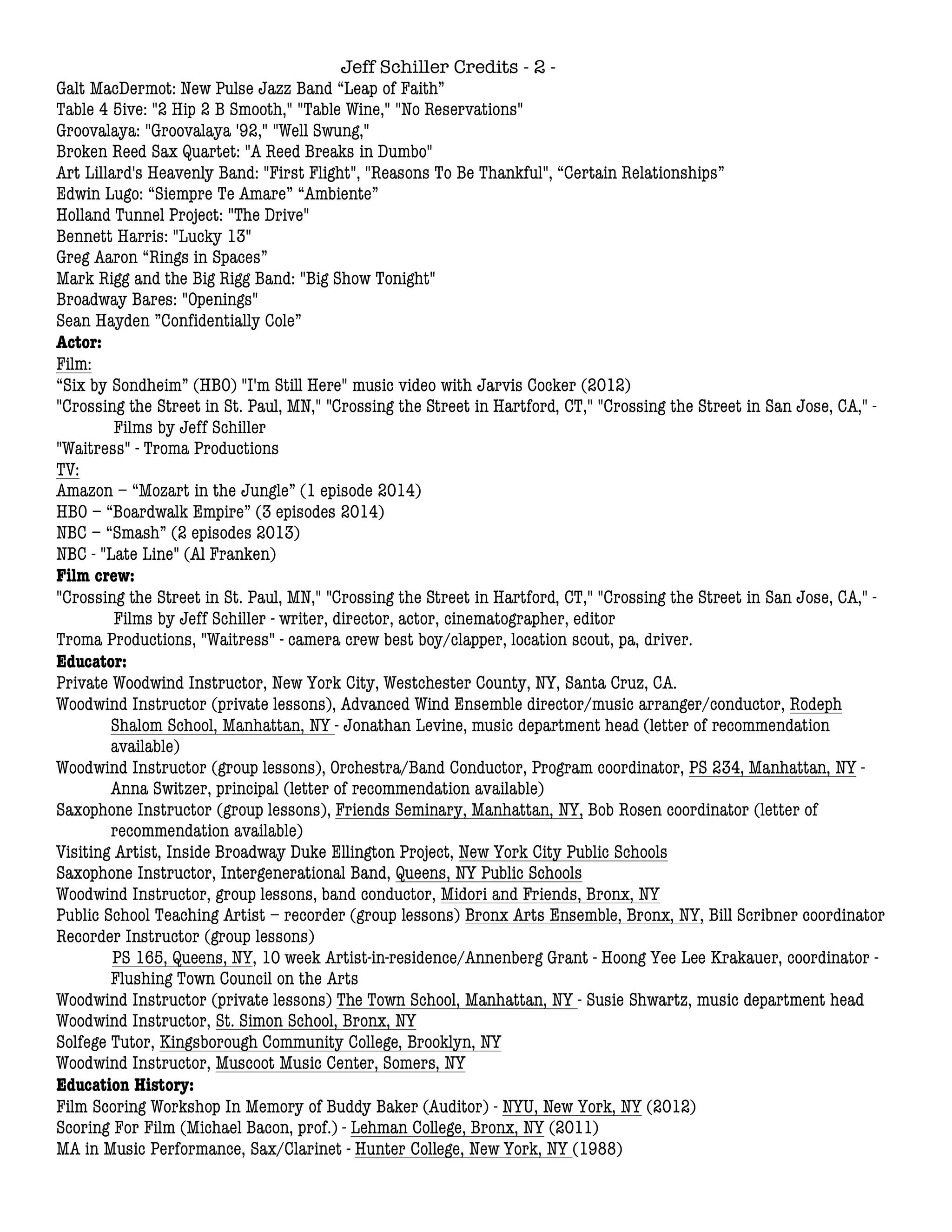 Jeff Schiller Full Professional Information and Credits 2 2015 | PDF