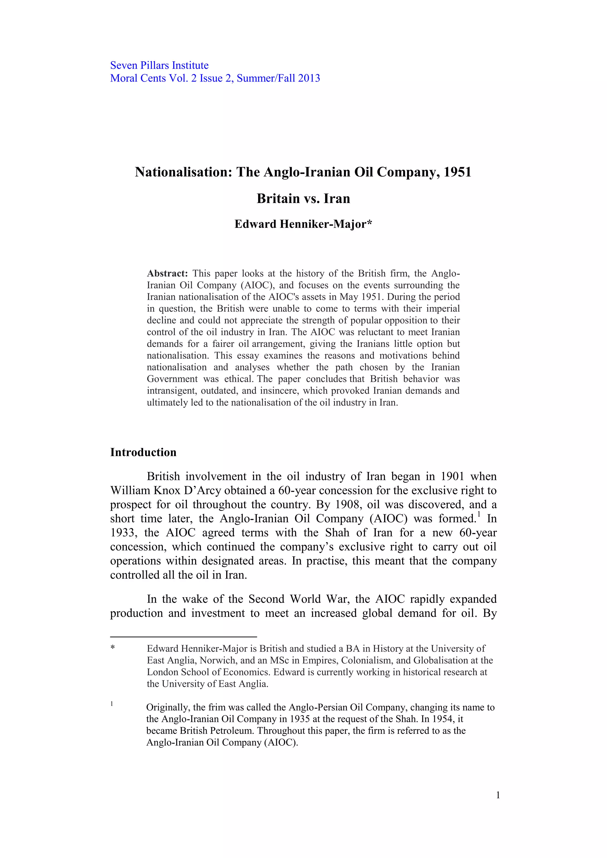 Nationalisation of the AIOC Final essay | PDF