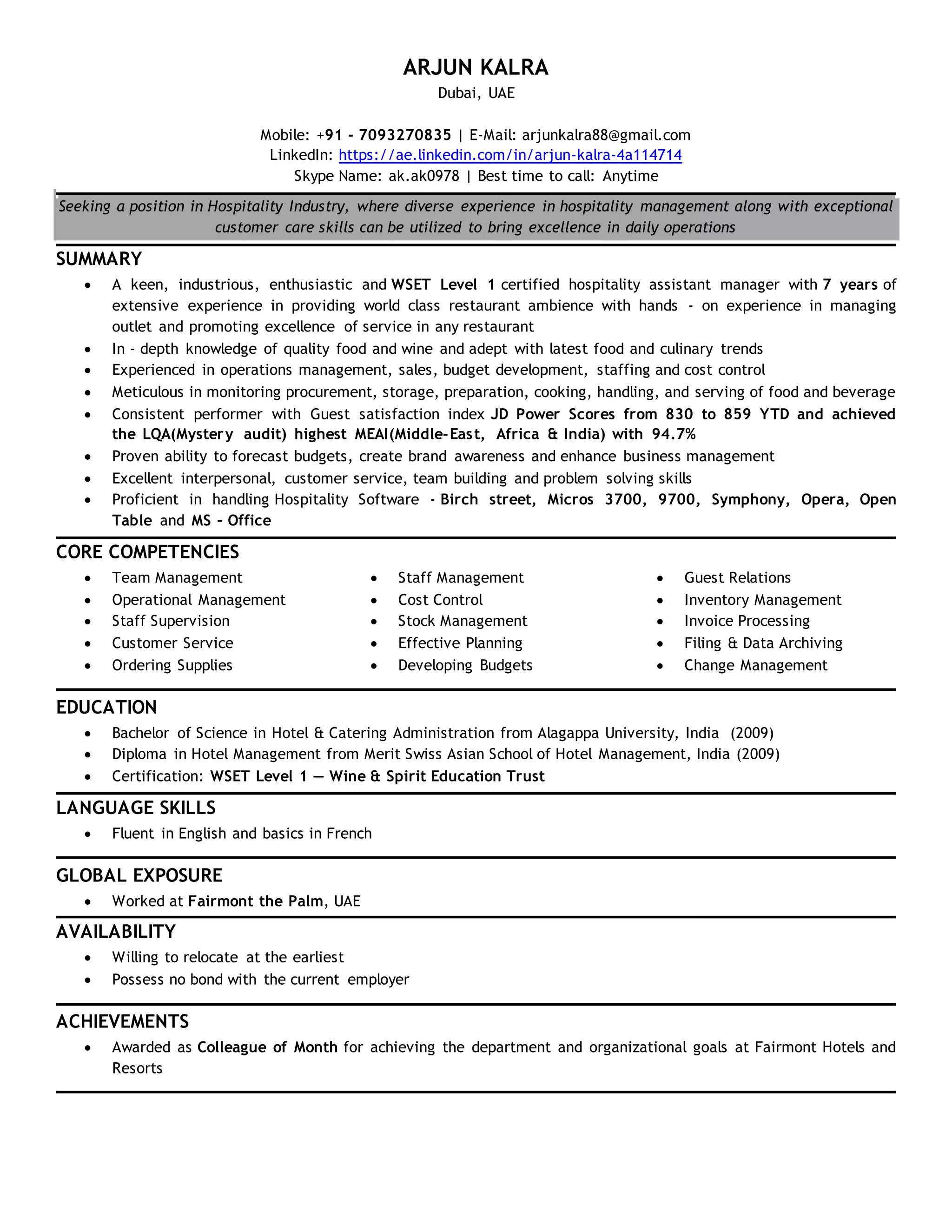 Arjun Kalra_Assistant Restaurant Manager_Hospitality_CV | DOCX