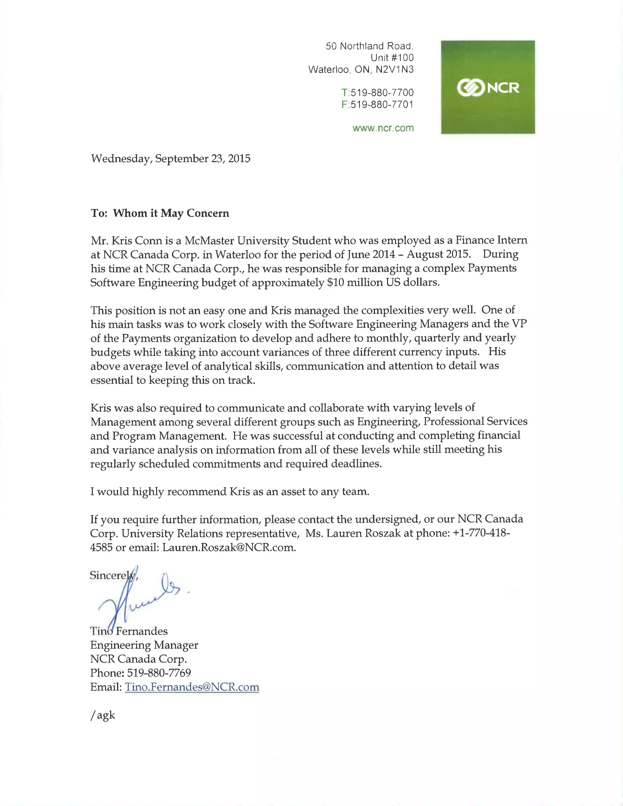 NCR Letter of Recommendation | PDF