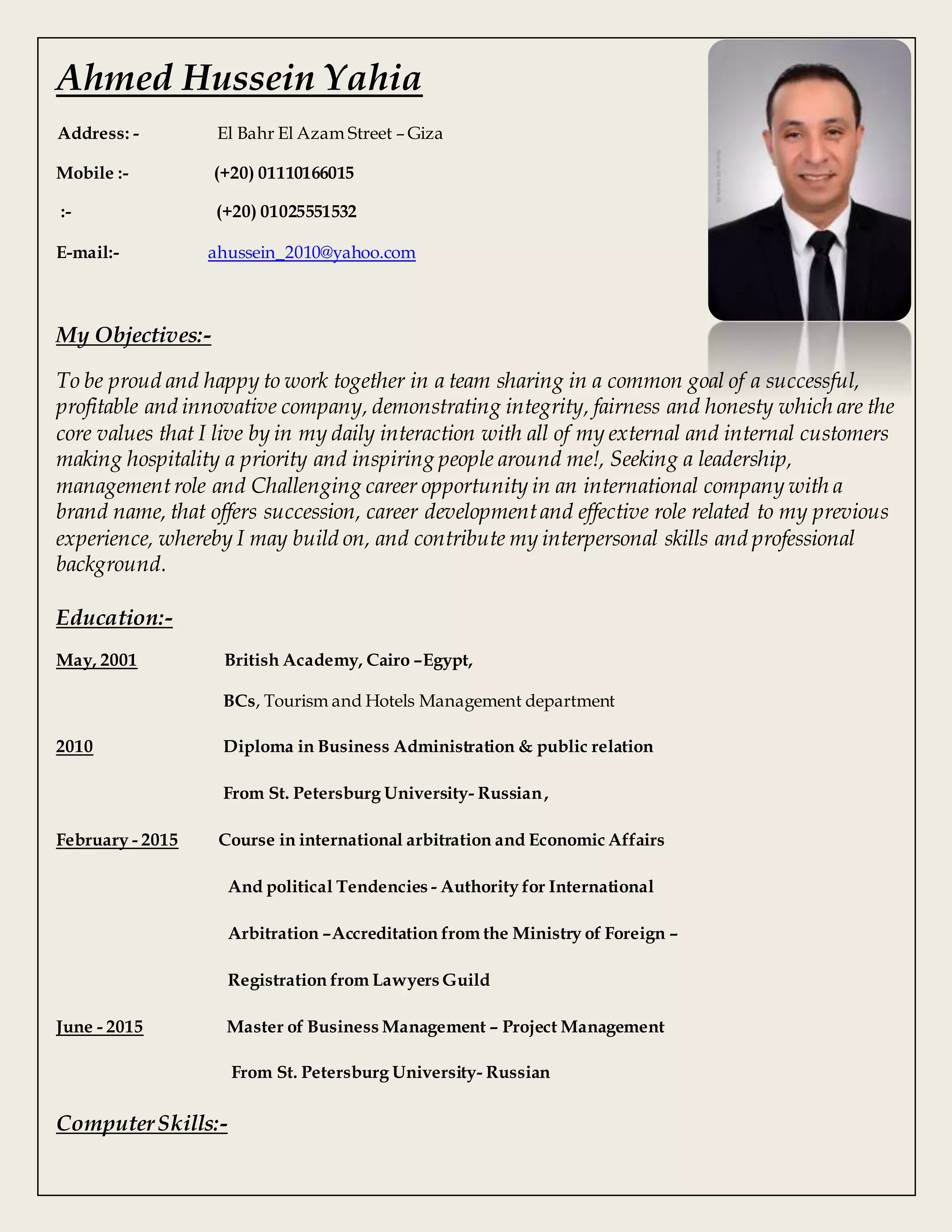 Ahmed Hussein CV Updated | DOCX | Hotels and Motels | Travel Type