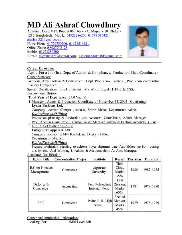 CV of MD ALI ASHRAF CHOWDHURY | PDF