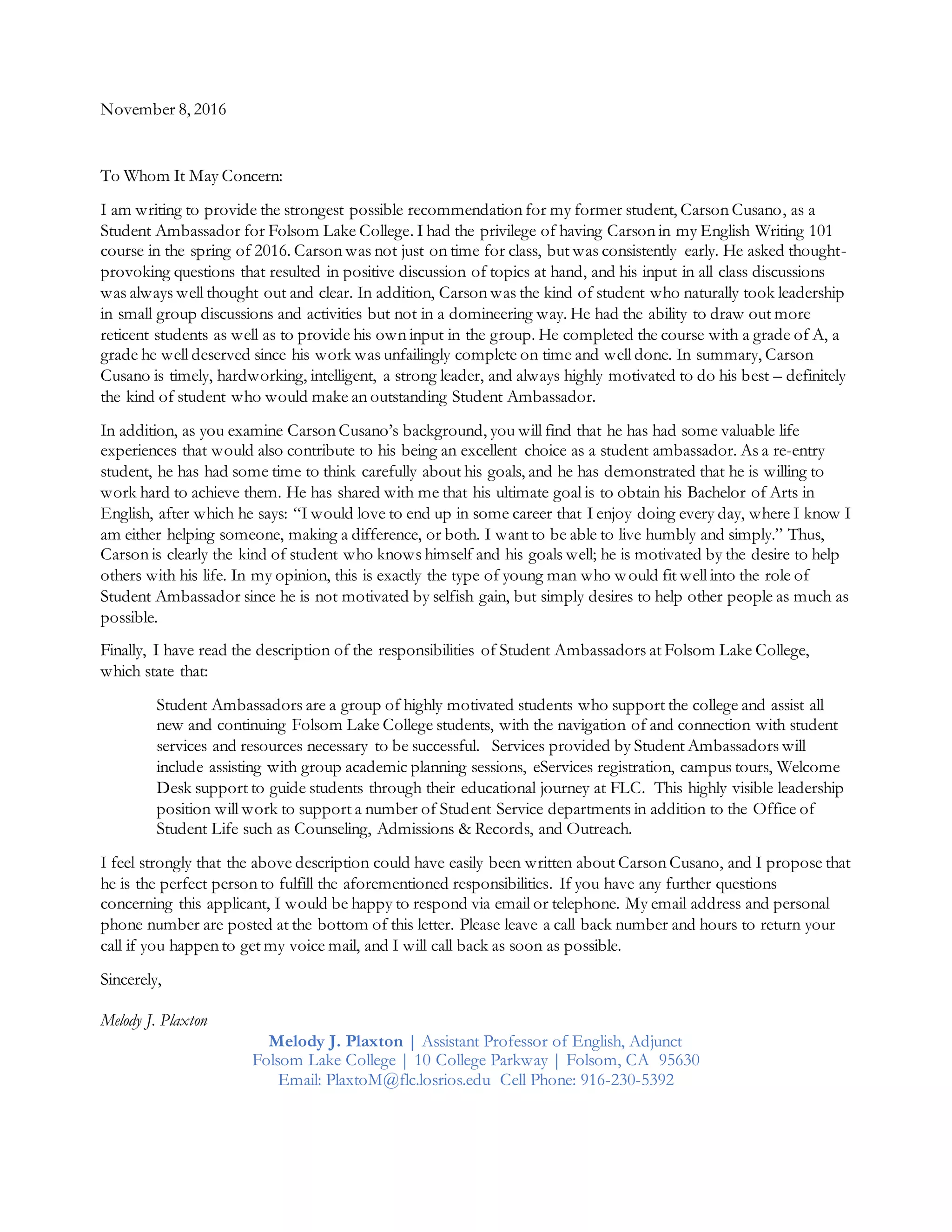 Letter of Recommendation - Plaxton | DOCX | College Education | Education