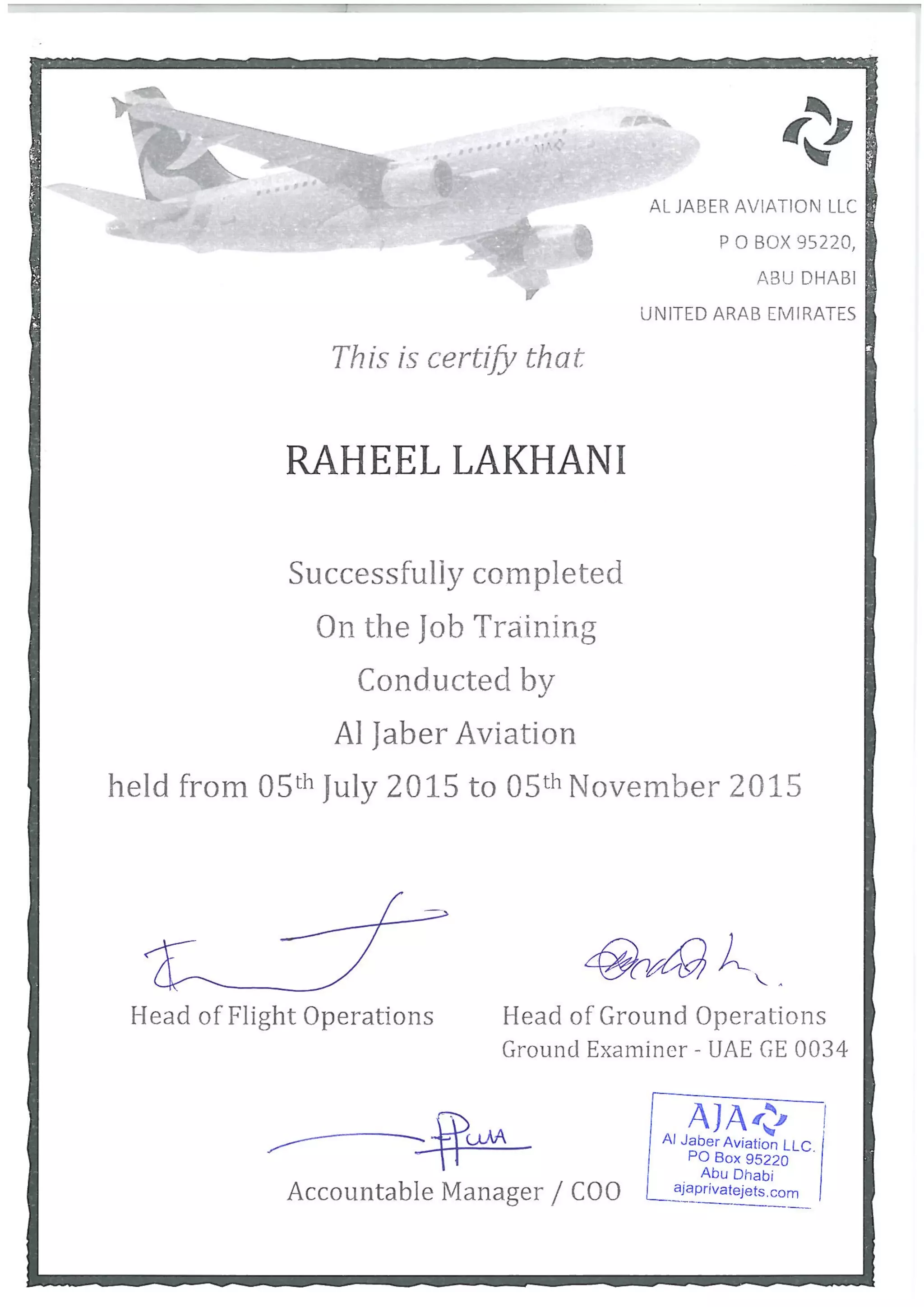 Al Jaber Aviation OJT Certificate | PDF