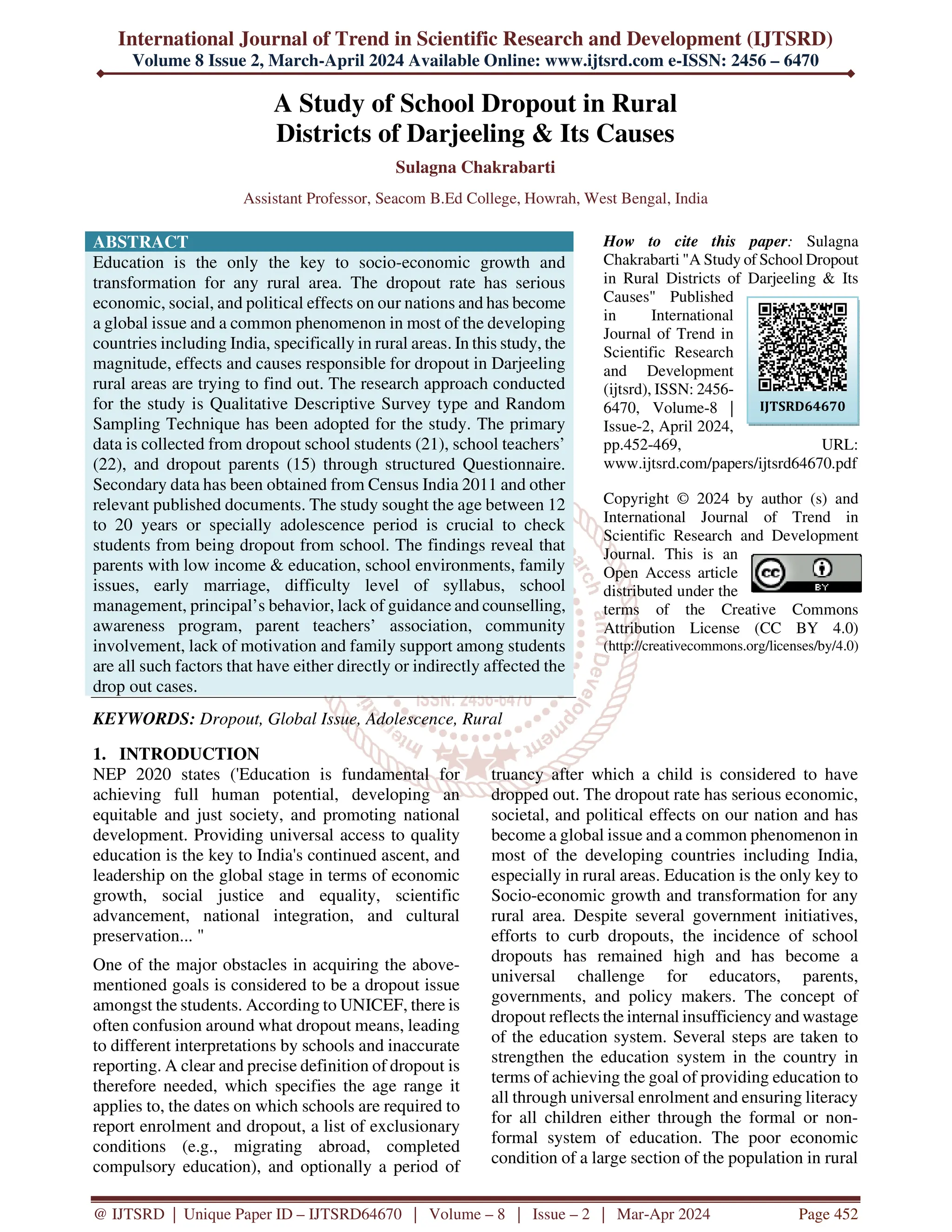 A Study of School Dropout in Rural Districts of Darjeeling and Its ...