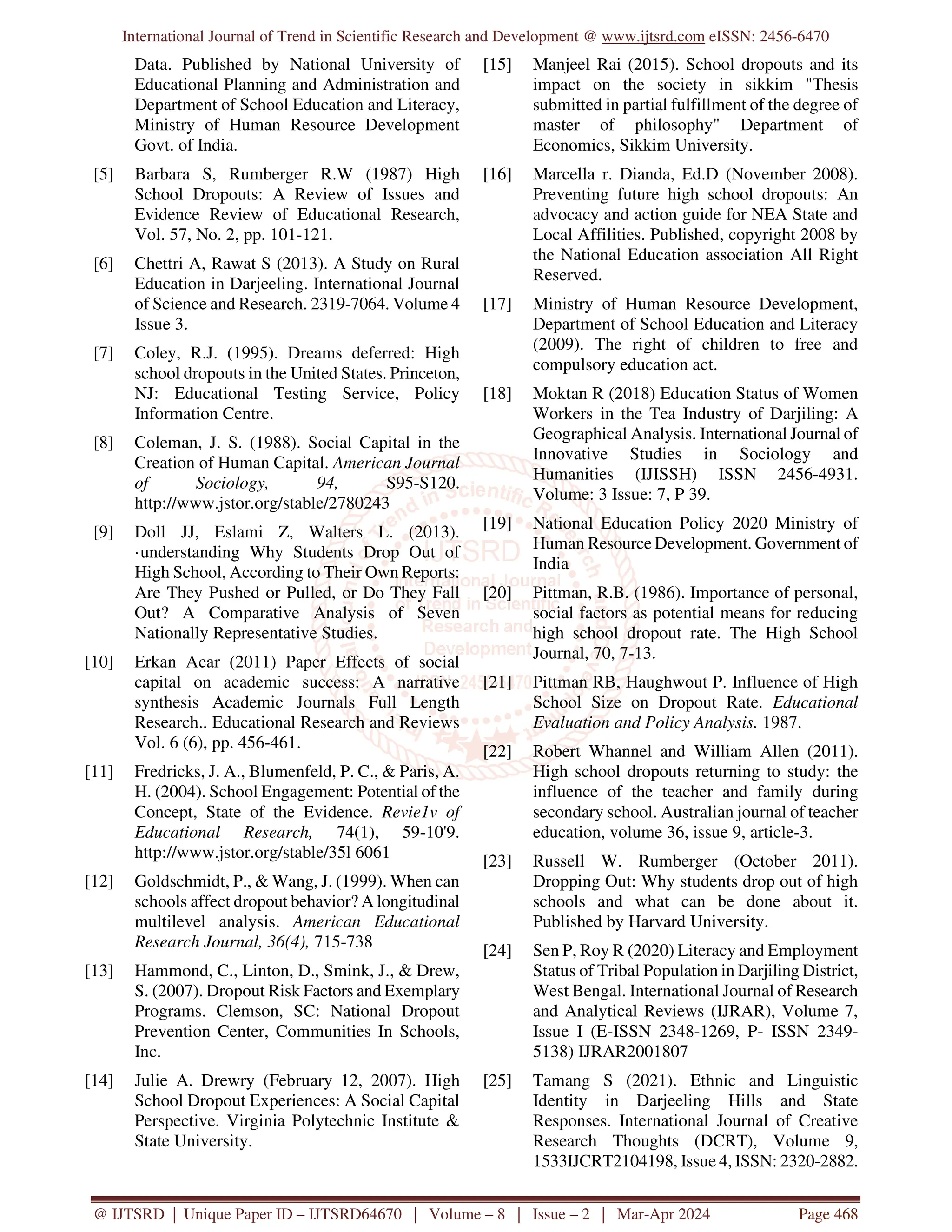 A Study of School Dropout in Rural Districts of Darjeeling and Its ...