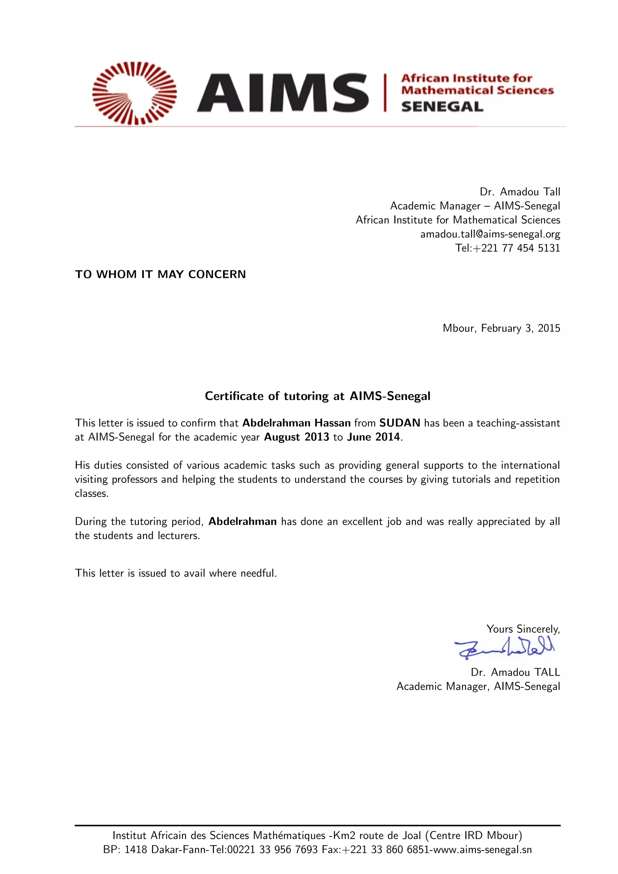 tutoring letter Abdelrahman Hassan | PDF