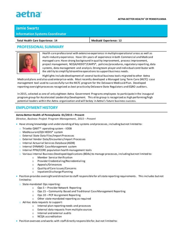 PA_Resume Template Aetna Better Health-JSwartz-InfoSysCoord | PDF