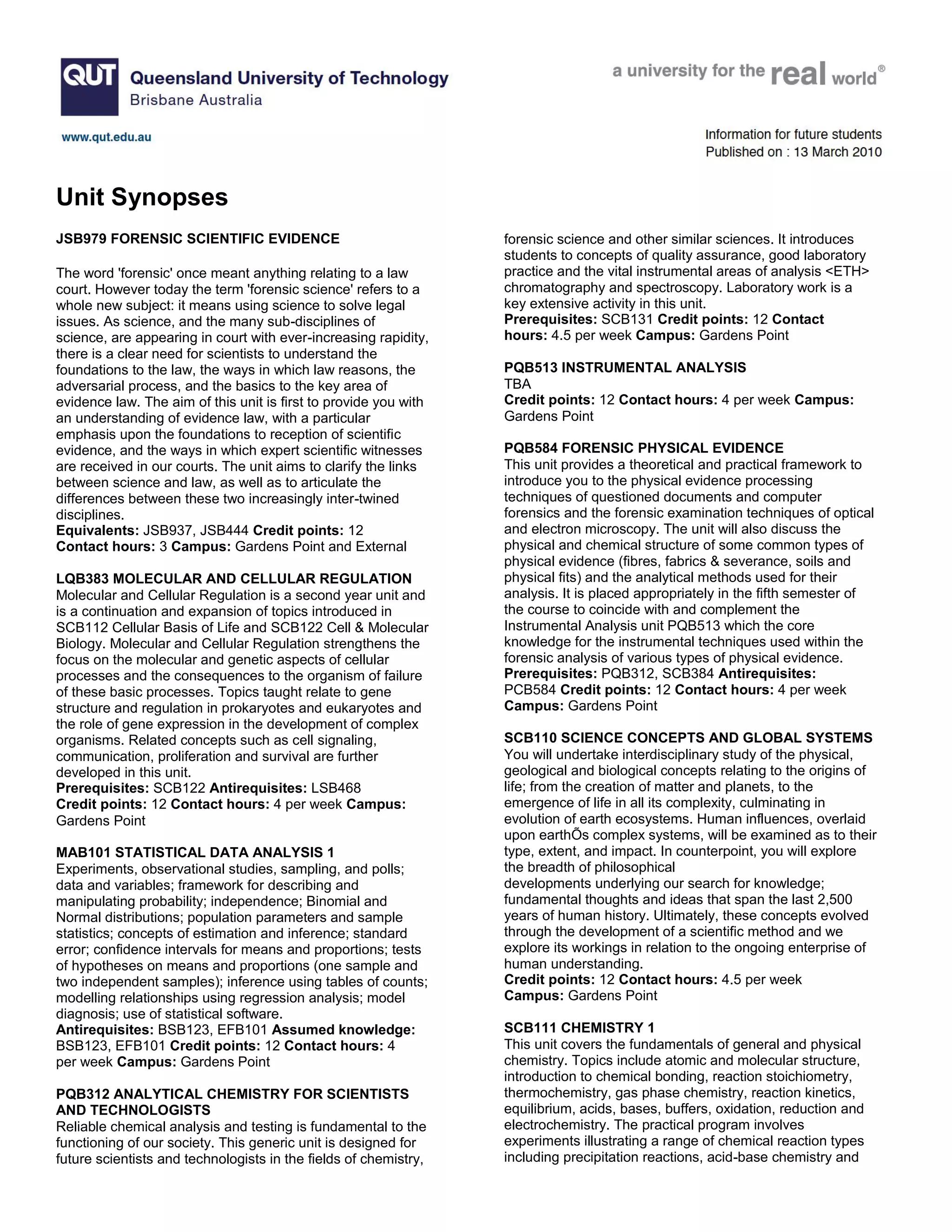 Bachelor of Applied Science Course Structure with Unit Outlines | PDF