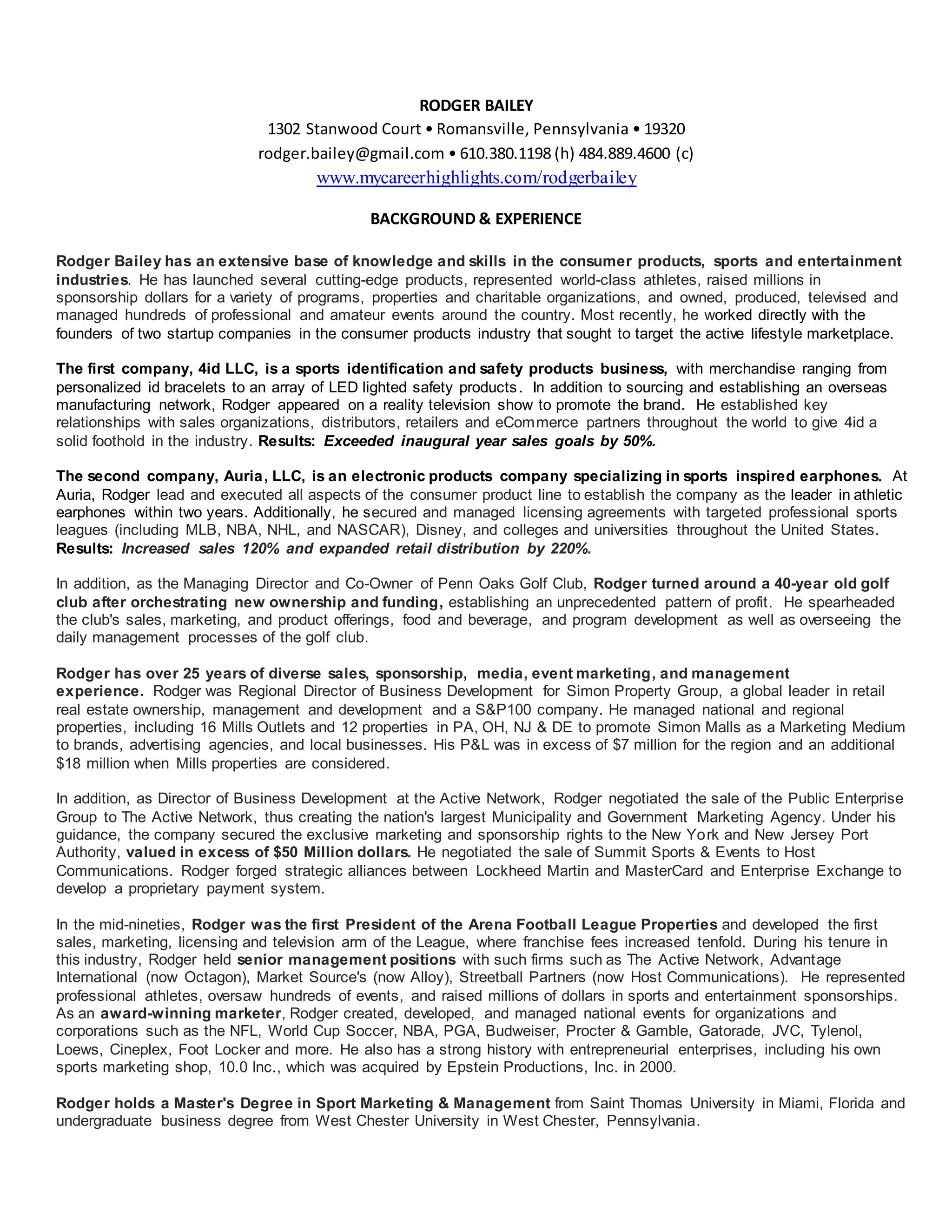 Rodger Bailey's Background and Experience 2016 | DOCX