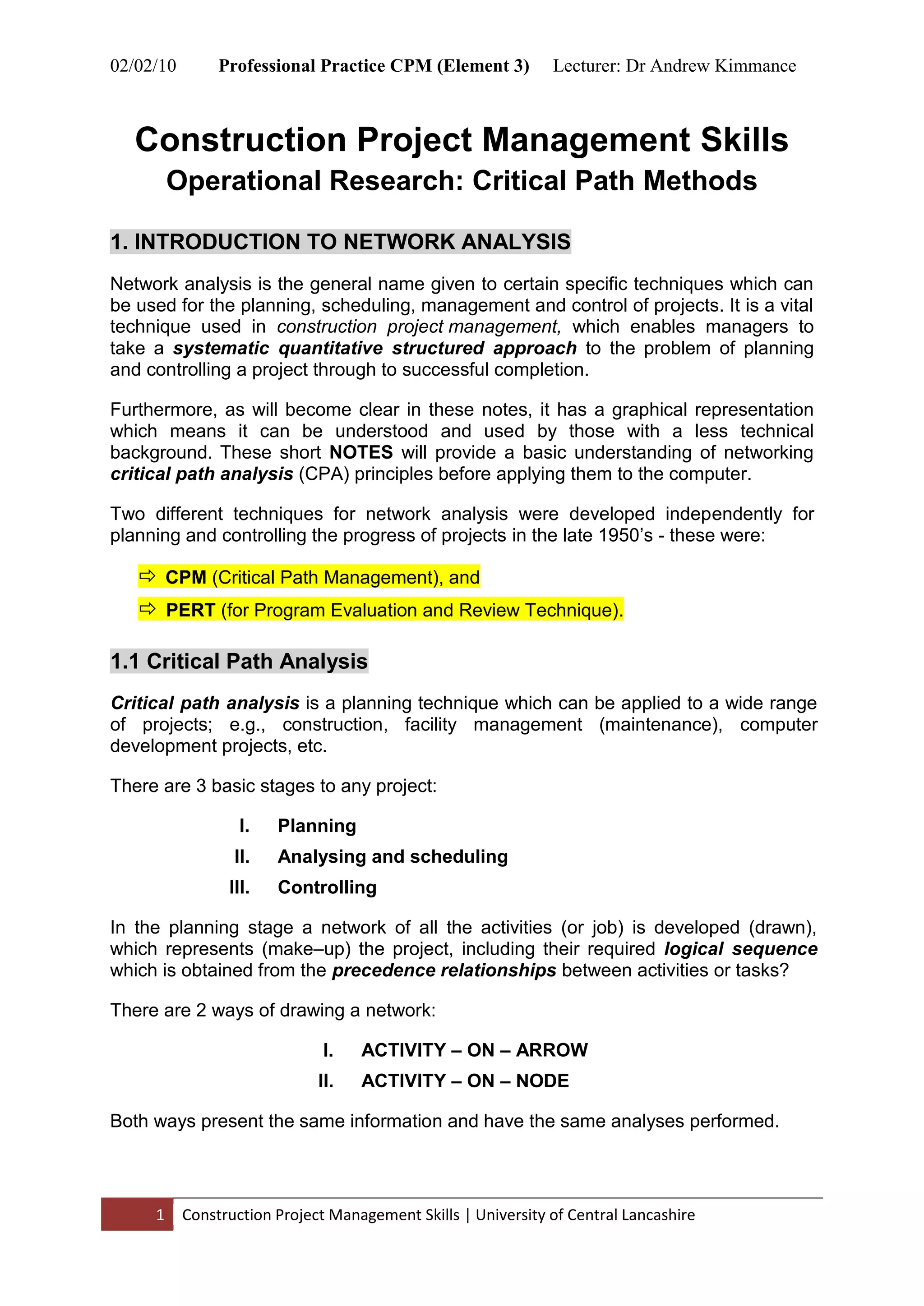 Network Anaysis_ critical path methods | PDF