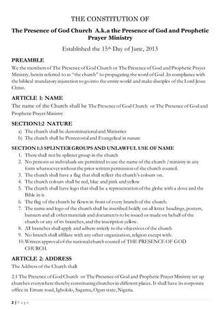 THE PRESENCE OF GOD CHURCH Constitution | DOCX