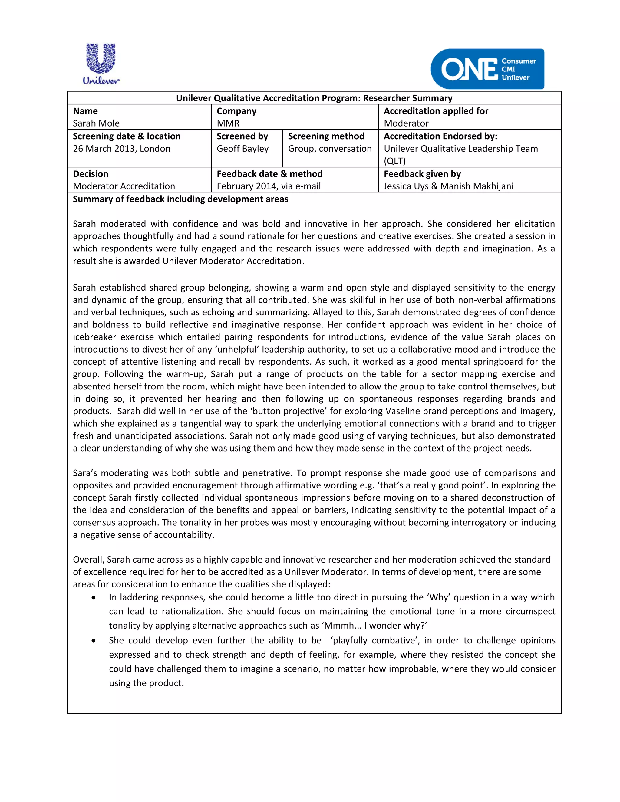 Unilever accreditation Summary | PDF