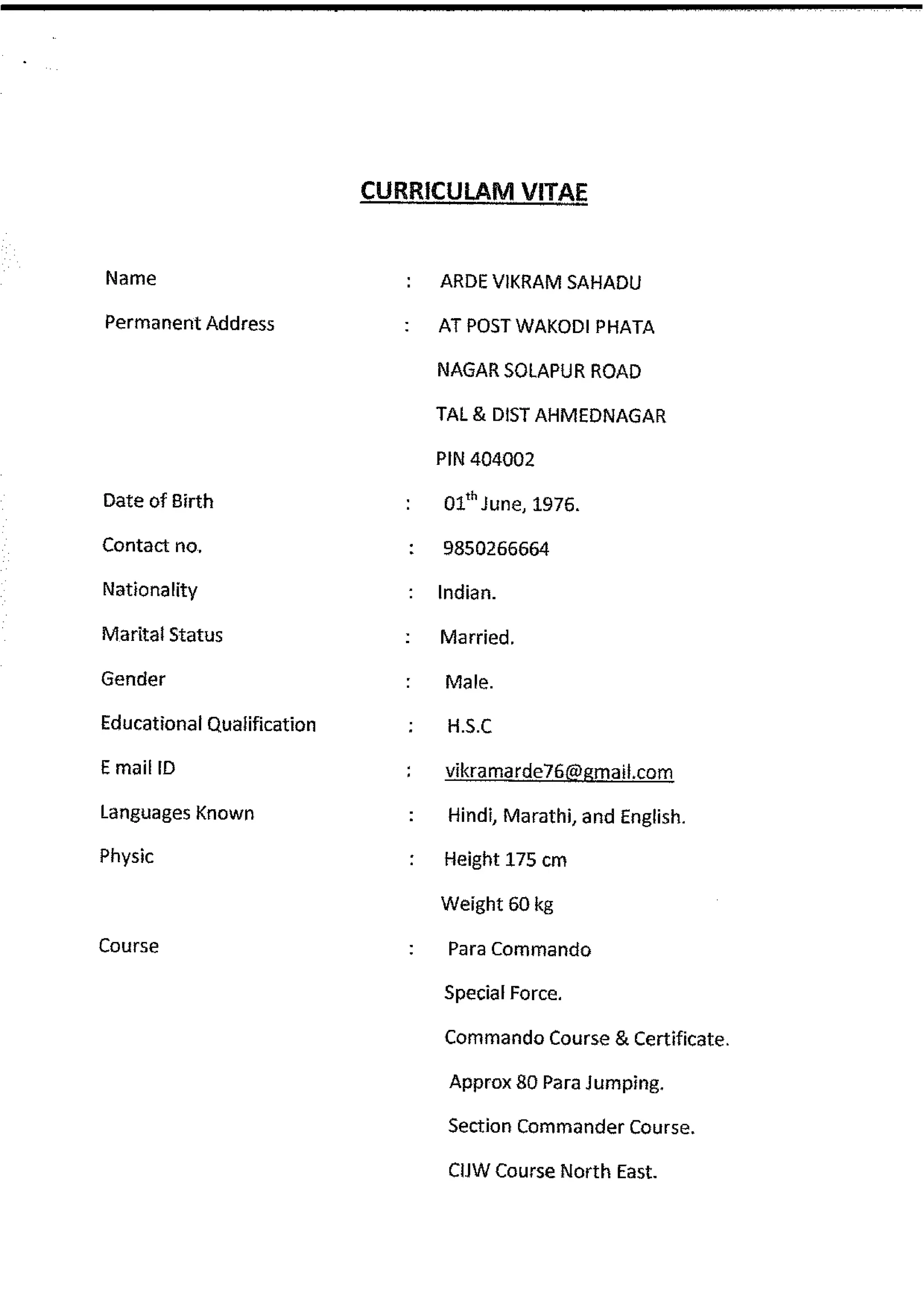 CV of Surveillance Officer Vikram Arde | PDF