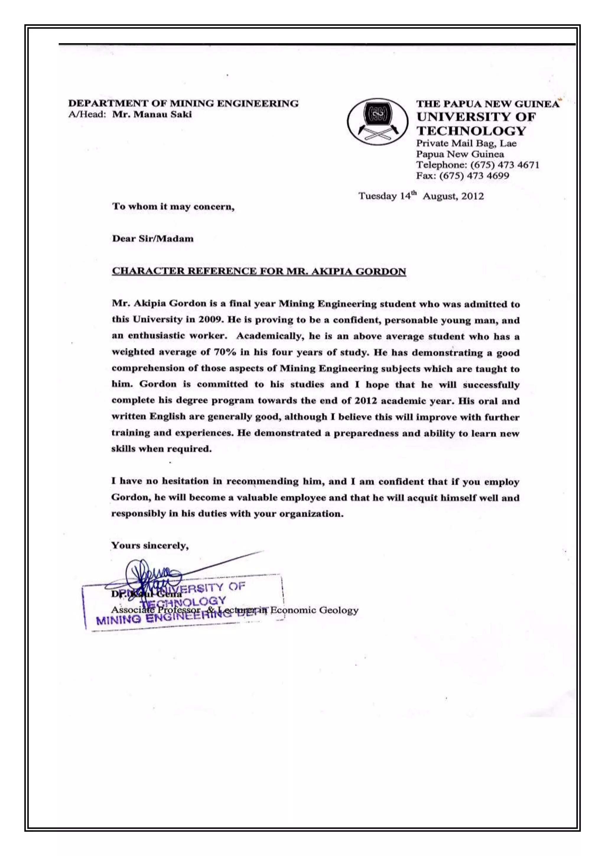 Student Refrence from Associate Prof. Dr.Kaul Gena | PDF