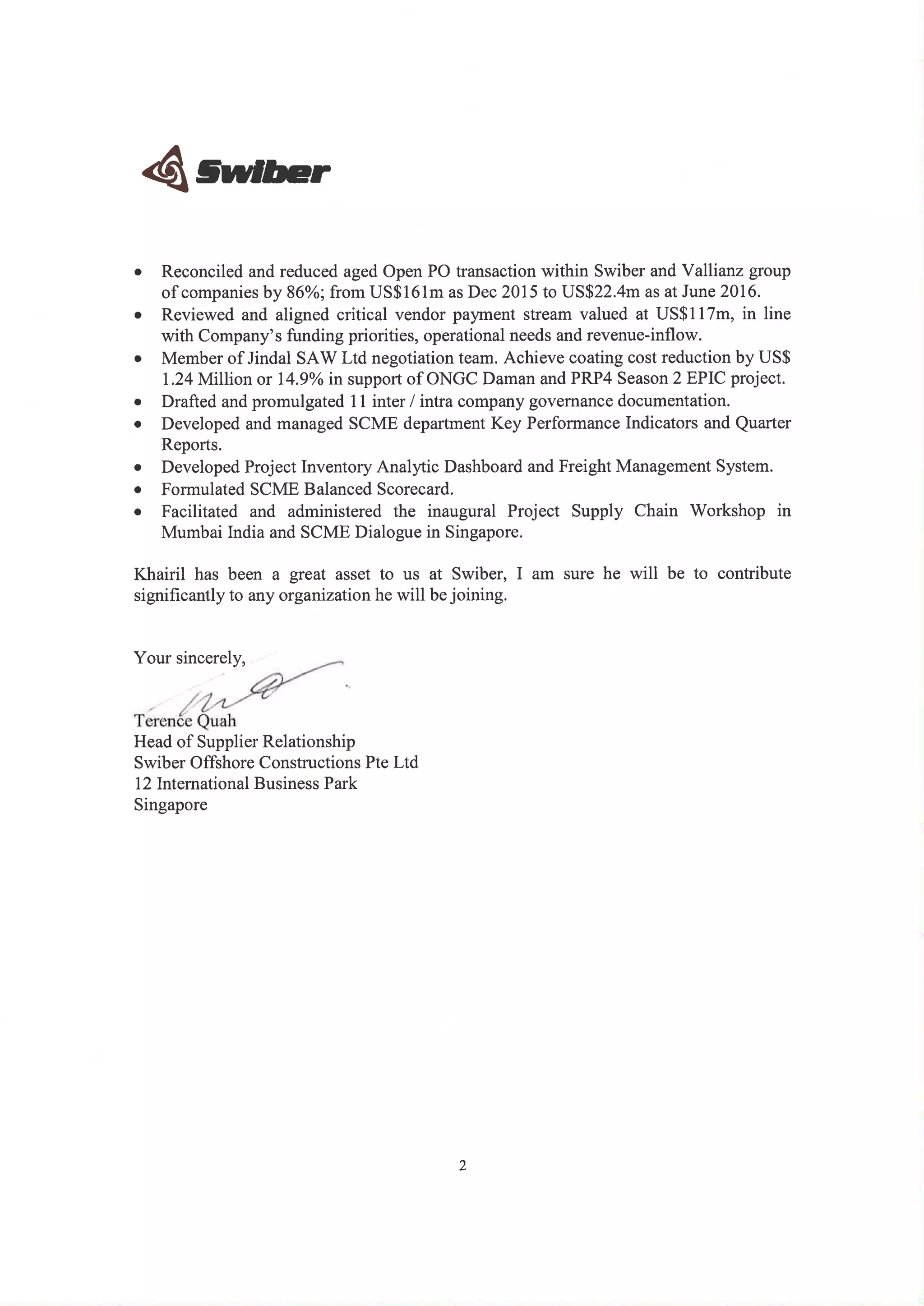 Testimonial - Swiber (Supervisor) | PDF