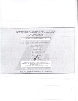 Farai Mpasi Qualification 13 IPMZ Diploma Certificate in Management of ...