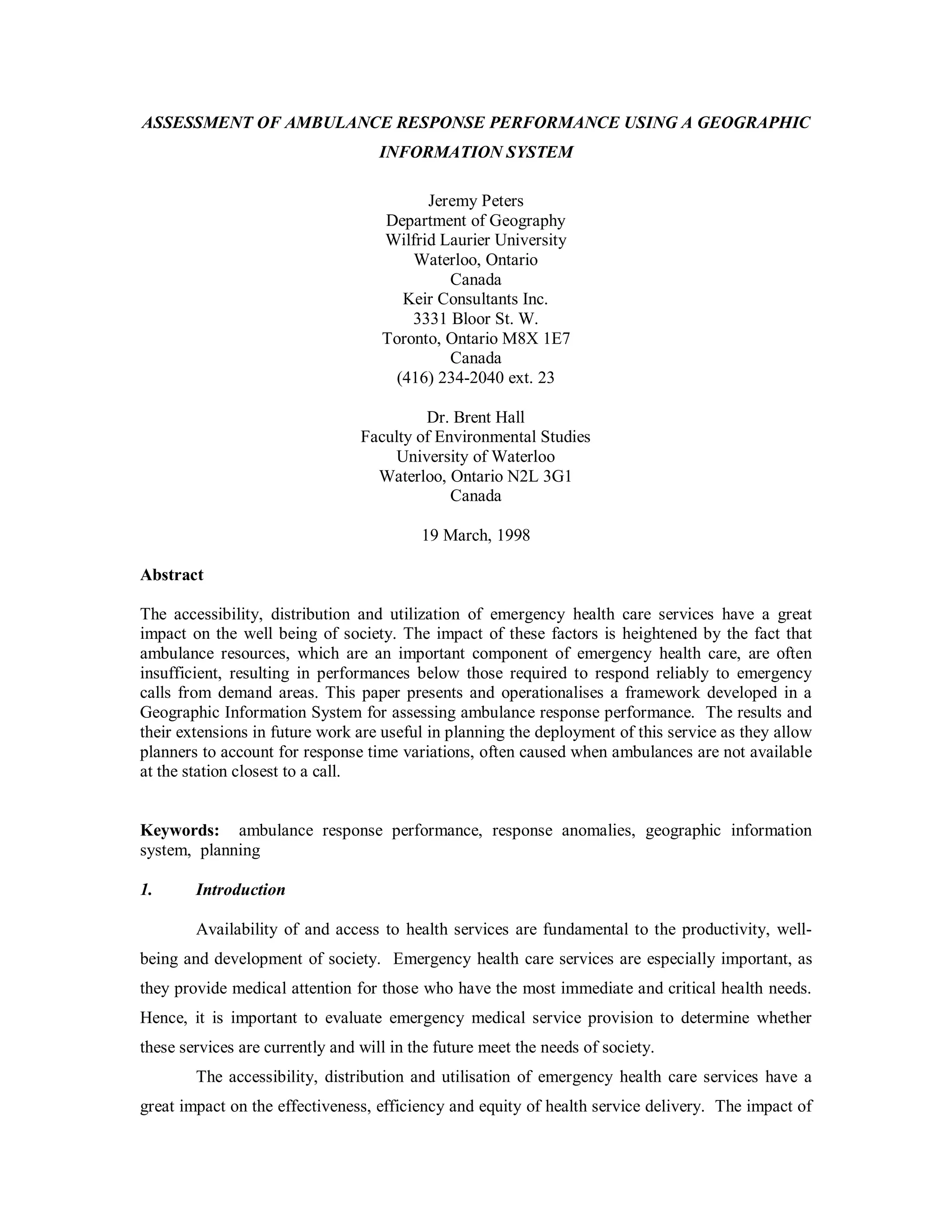 ASSESSMENT OF AMBULANCE RESPONSE PERFORMANCE USING A GEOGRAPHIC INFORMATION SYSTEM | PDF