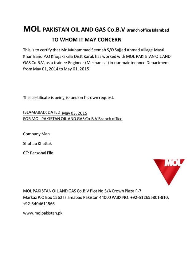 Seemab EXP CERTIFICATE MOL | DOCX