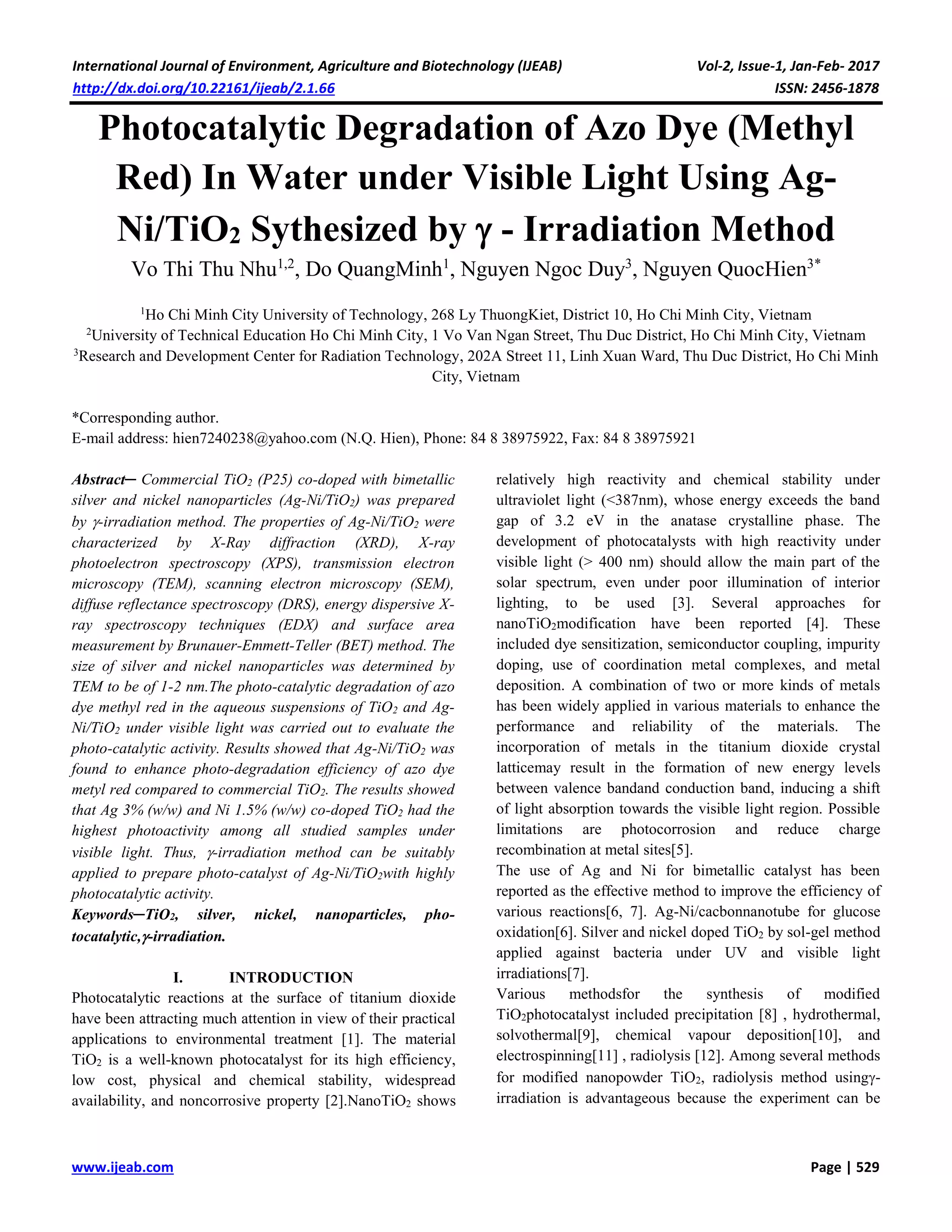 Photocatalytic Degradation of Azo Dye (Methyl Red) In Water under Visible Light Using Ag-Ni/TiO2 ...