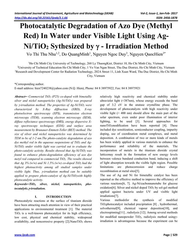 Photocatalytic Degradation of Azo Dye (Methyl Red) In Water under Visible Light Using Ag-Ni/TiO2 ...