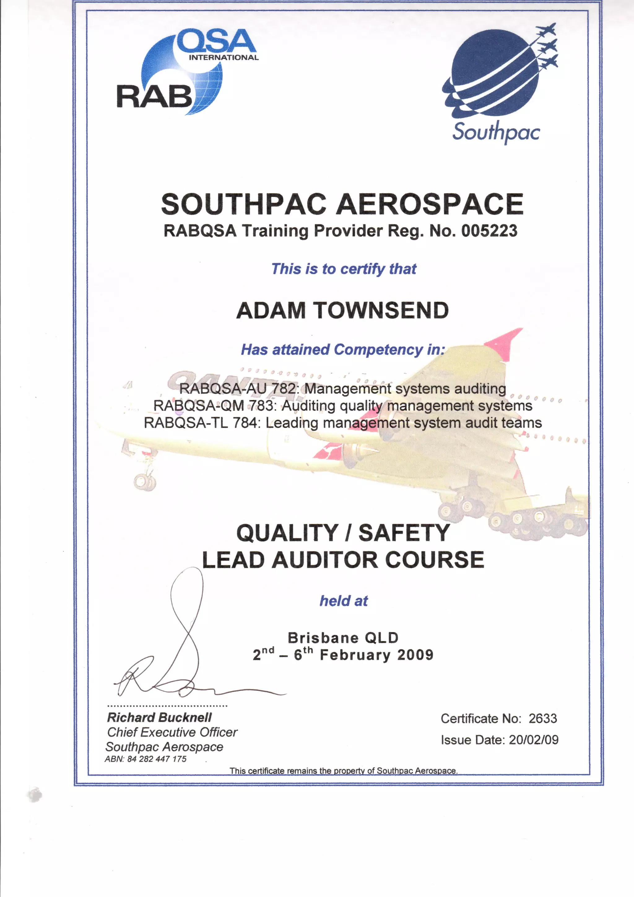 Southpac Aerospace QA & Safety Lead Auditors Certificate Feb 2009 | PDF